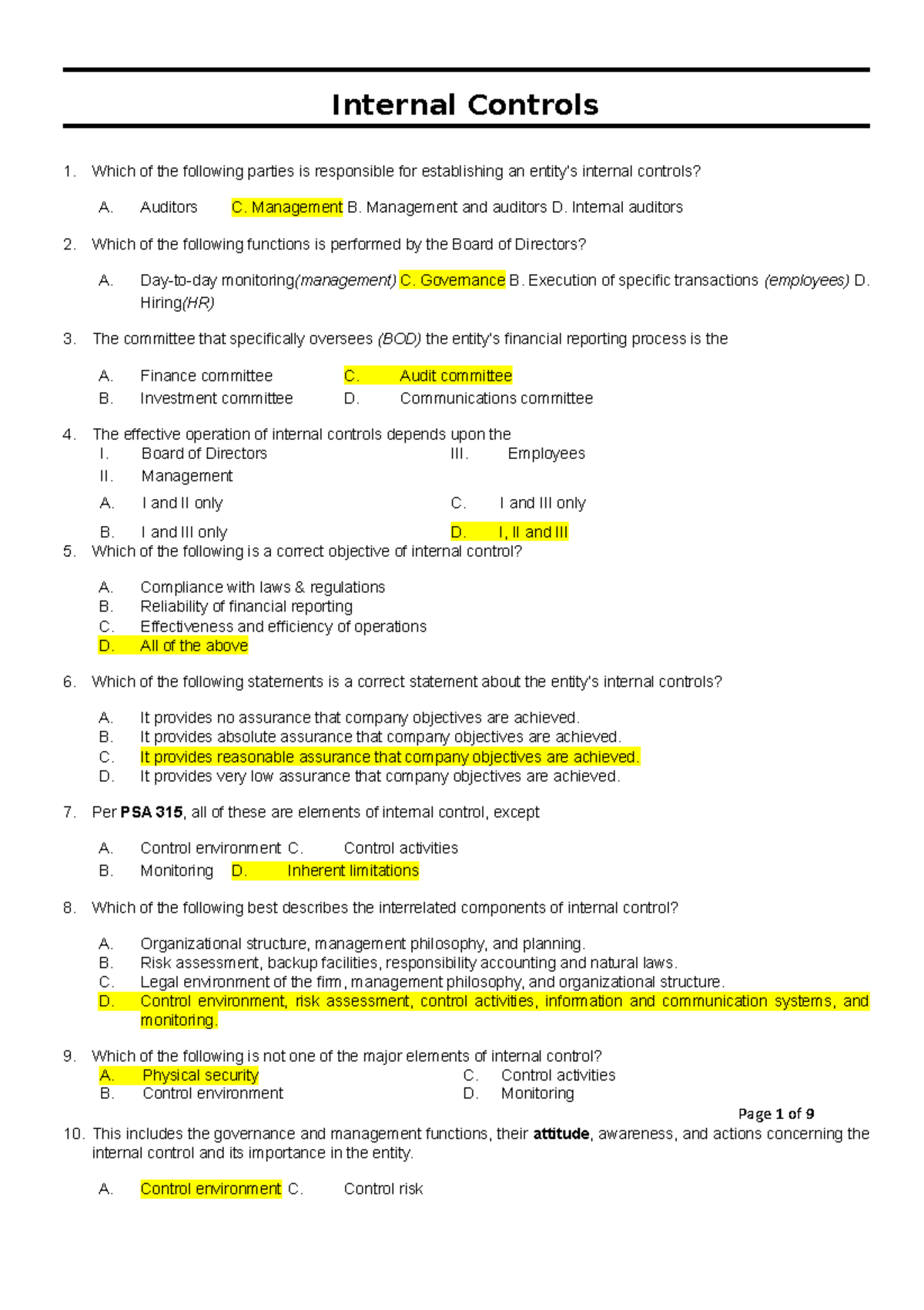 Audit Theory Topic: Internal Control mcq 1 - Accountancy - FEU - Studocu