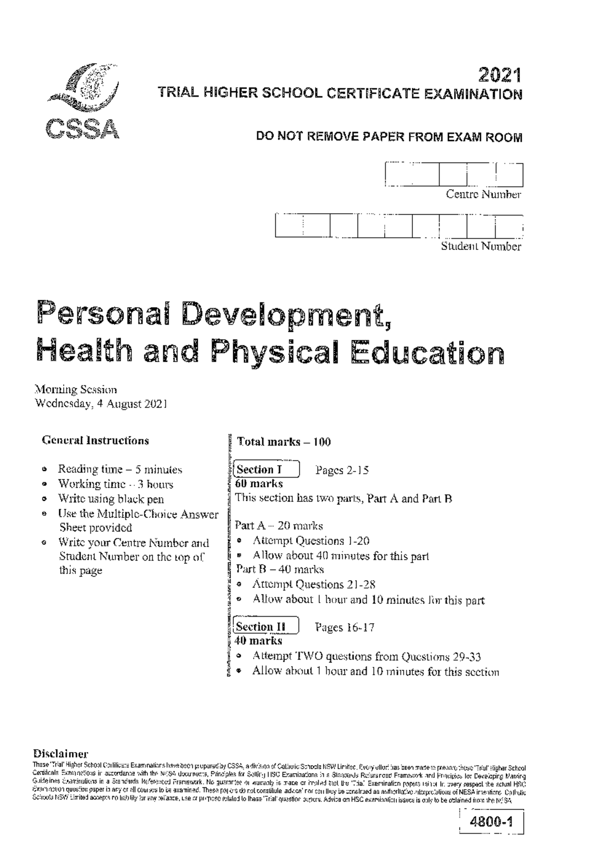Pdhpe-CSSA-2021 - Past papers for pdhpe - catholic paper CSSA - 2021 TRIAL HIGHER SCHOOL ...