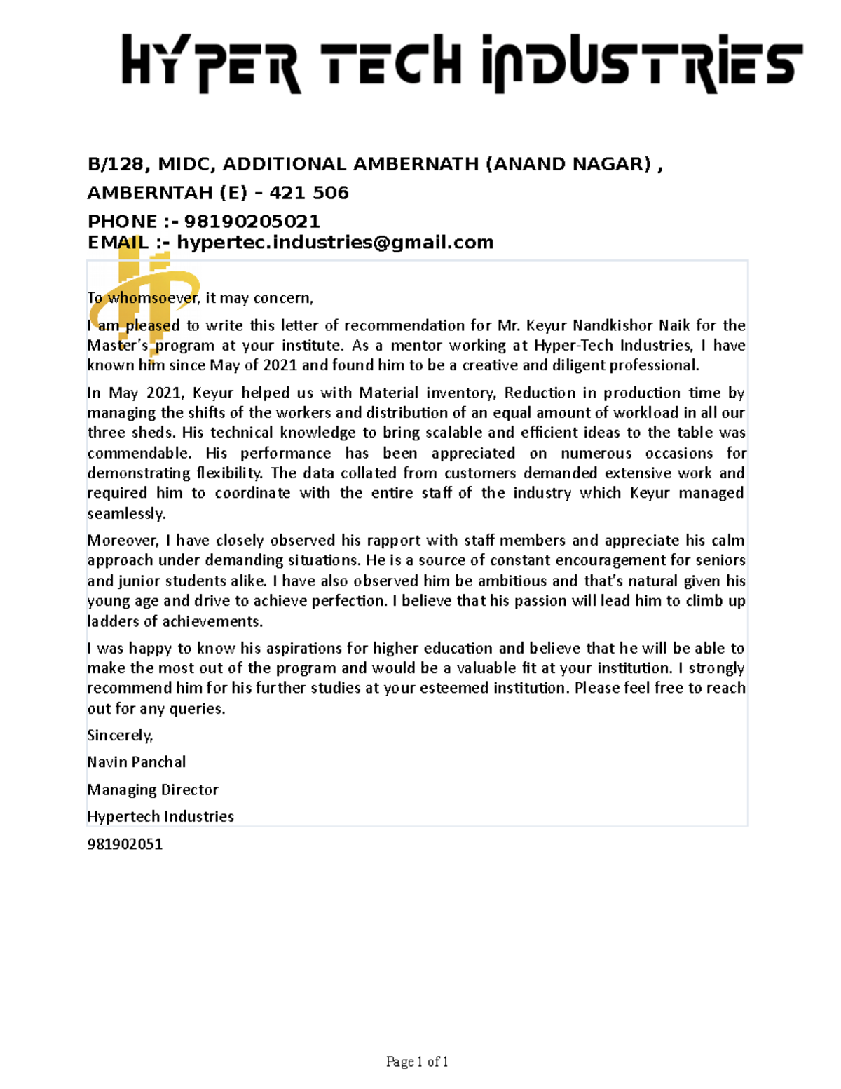 Internship Lor Format - ggfddf - B/128, MIDC, ADDITIONAL AMBERNATH ...