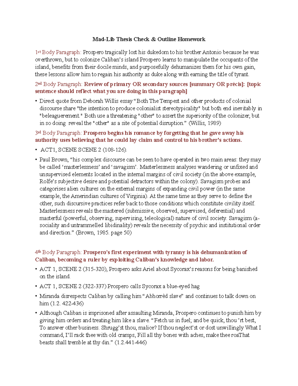 1B Thesis Outline Handout - Mad-Lib Thesis Check & Outline Homework 1 ...