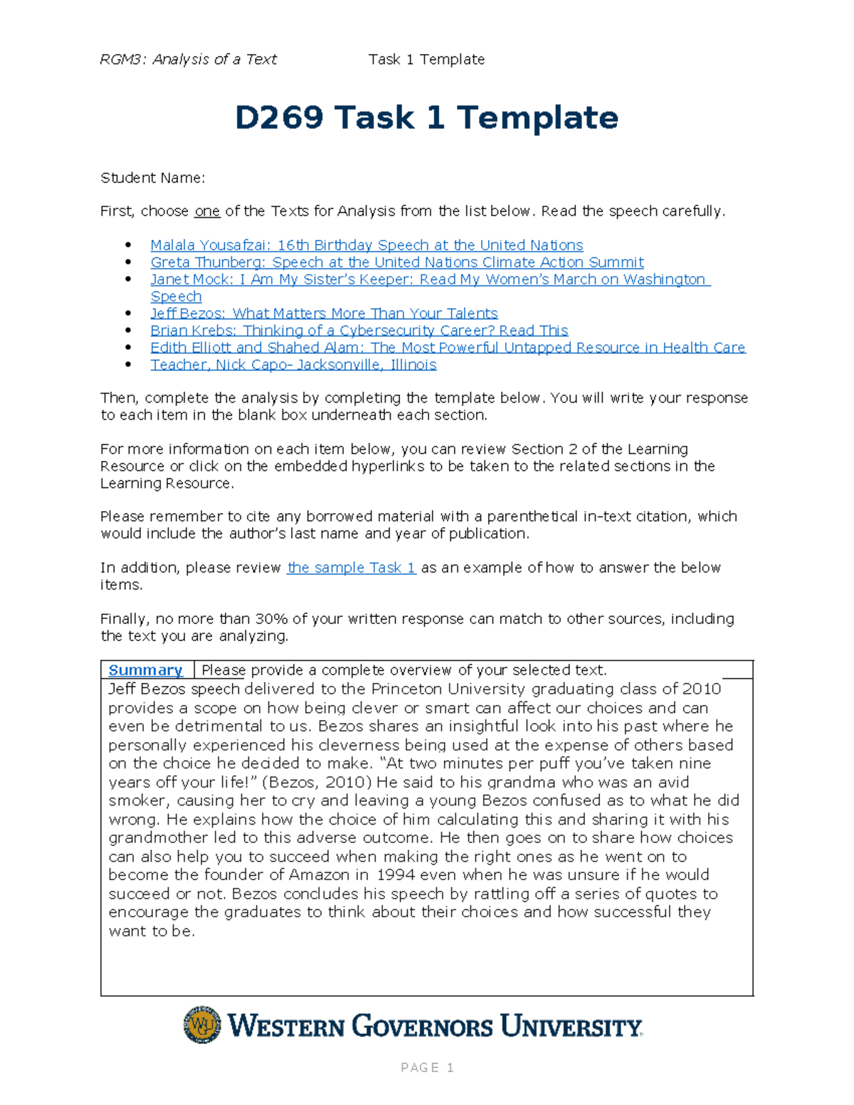 Task 1 - sample - RGM3: Analysis of a Text Task 1 Template D269 Task 1 ...