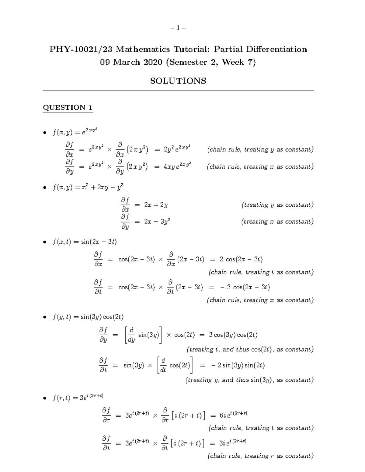 Semester 2 Tutorial 7 2020 Solutions - PHY-10021/23 Mathematics ...