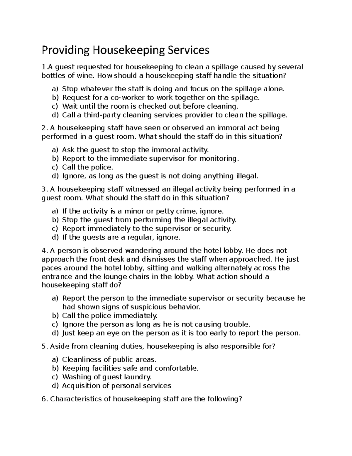 Housekeeping Services Final Exam Part 2 - Providing Housekeeping ...