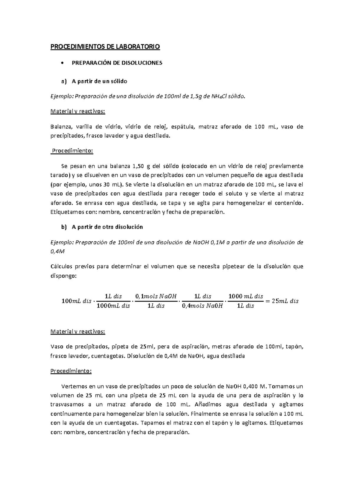 Procedimientos del laboratorio - PROCEDIMIENTOS DE LABORATORIO • PREPARACIÓN DE DISOLUCIONES a ...
