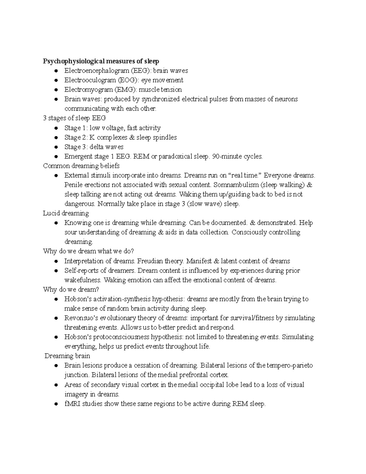 Biopsychology Sleep Notes - Psychophysiological measures of sleep ...