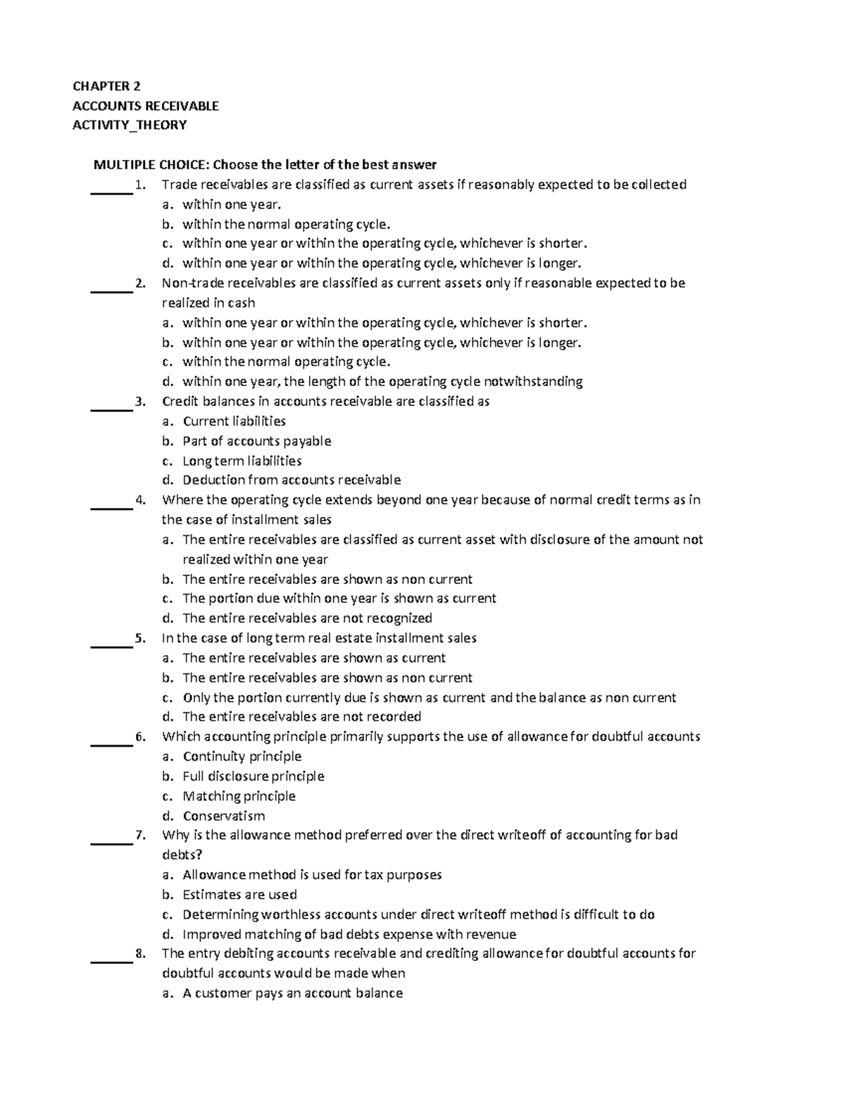 Midterm-Activity - CHAPTER 2 ACCOUNTS RECEIVABLE ACTIVITY_THEORY MULTIPLE CHOICE: Choose the ...