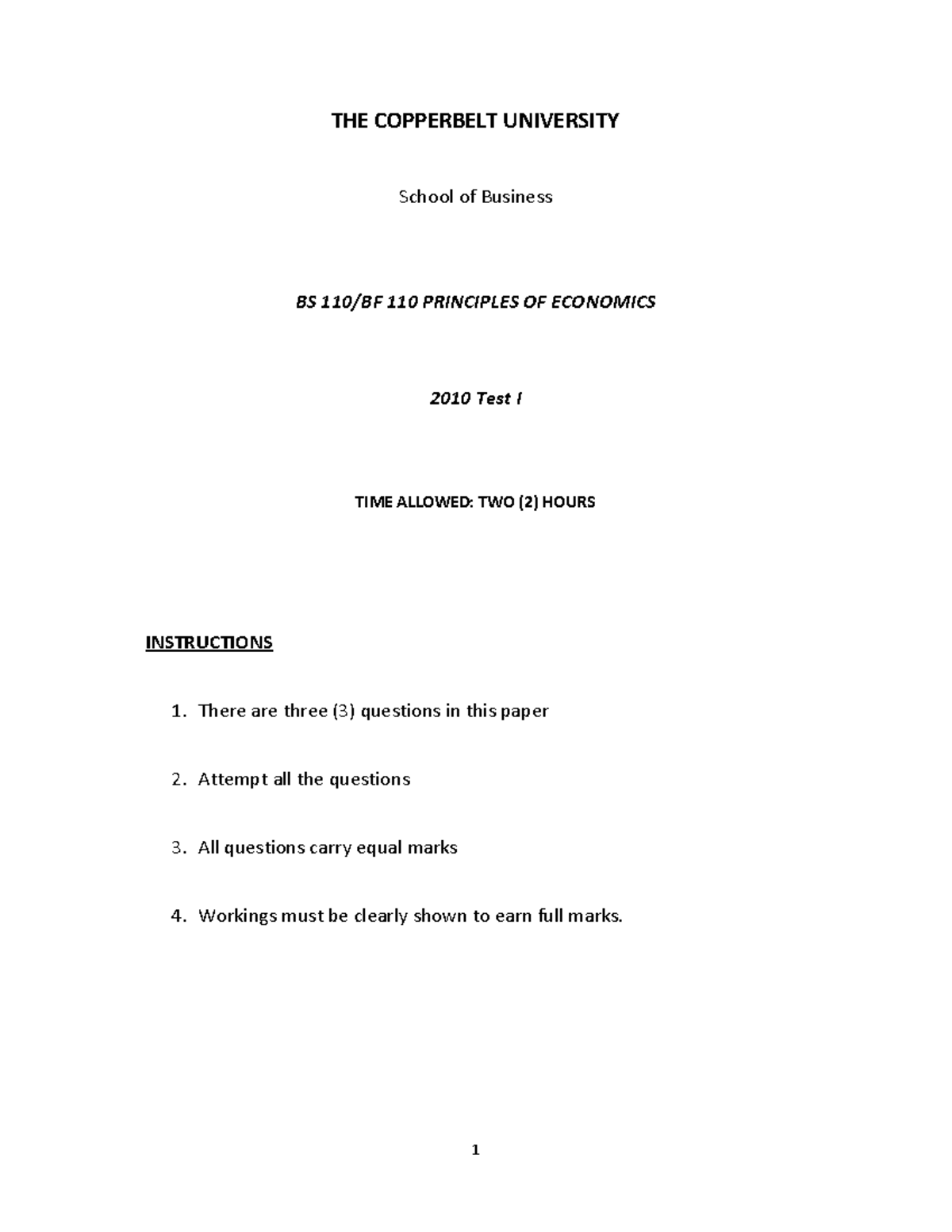 2010 bs110 Test1 - THE COPPERBELT UNIVERSITY School of Business BS 110 ...