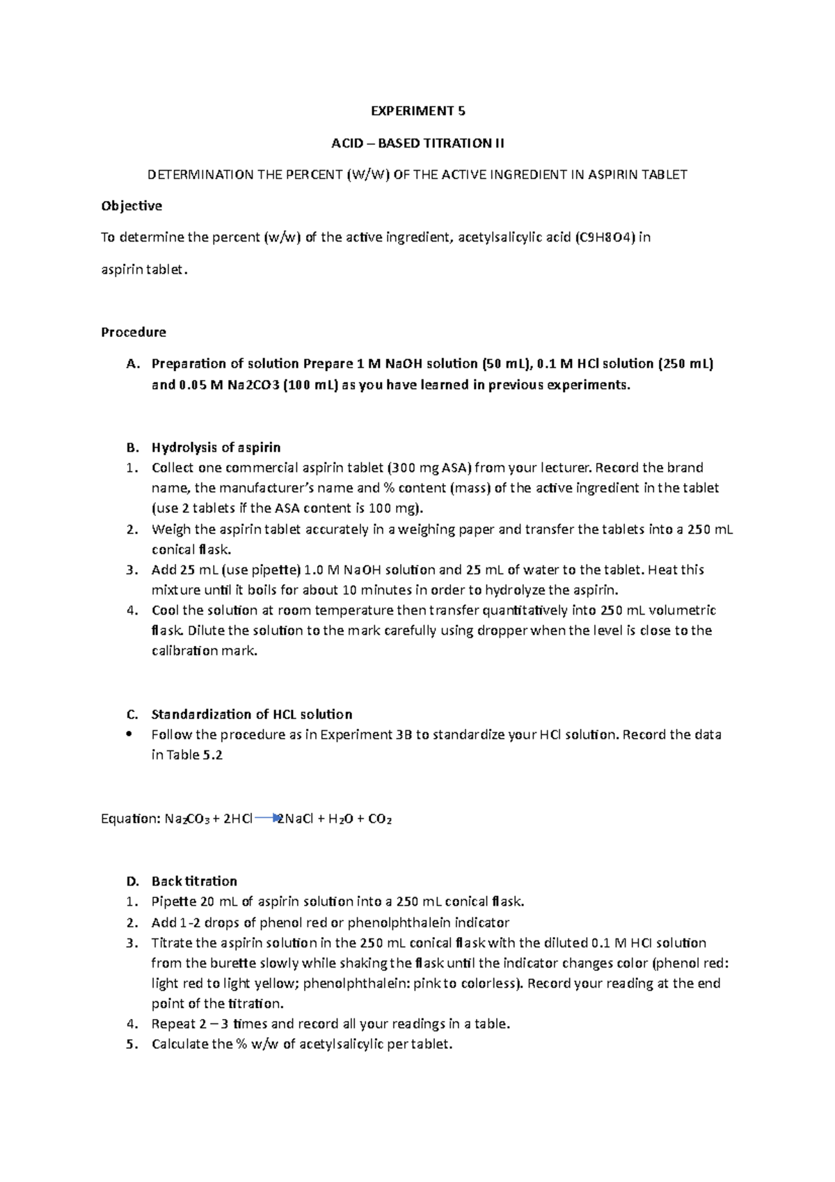 CHM256 Lab report Exp 5 - Assignment - EXPERIMENT 5 ACID – BASED ...