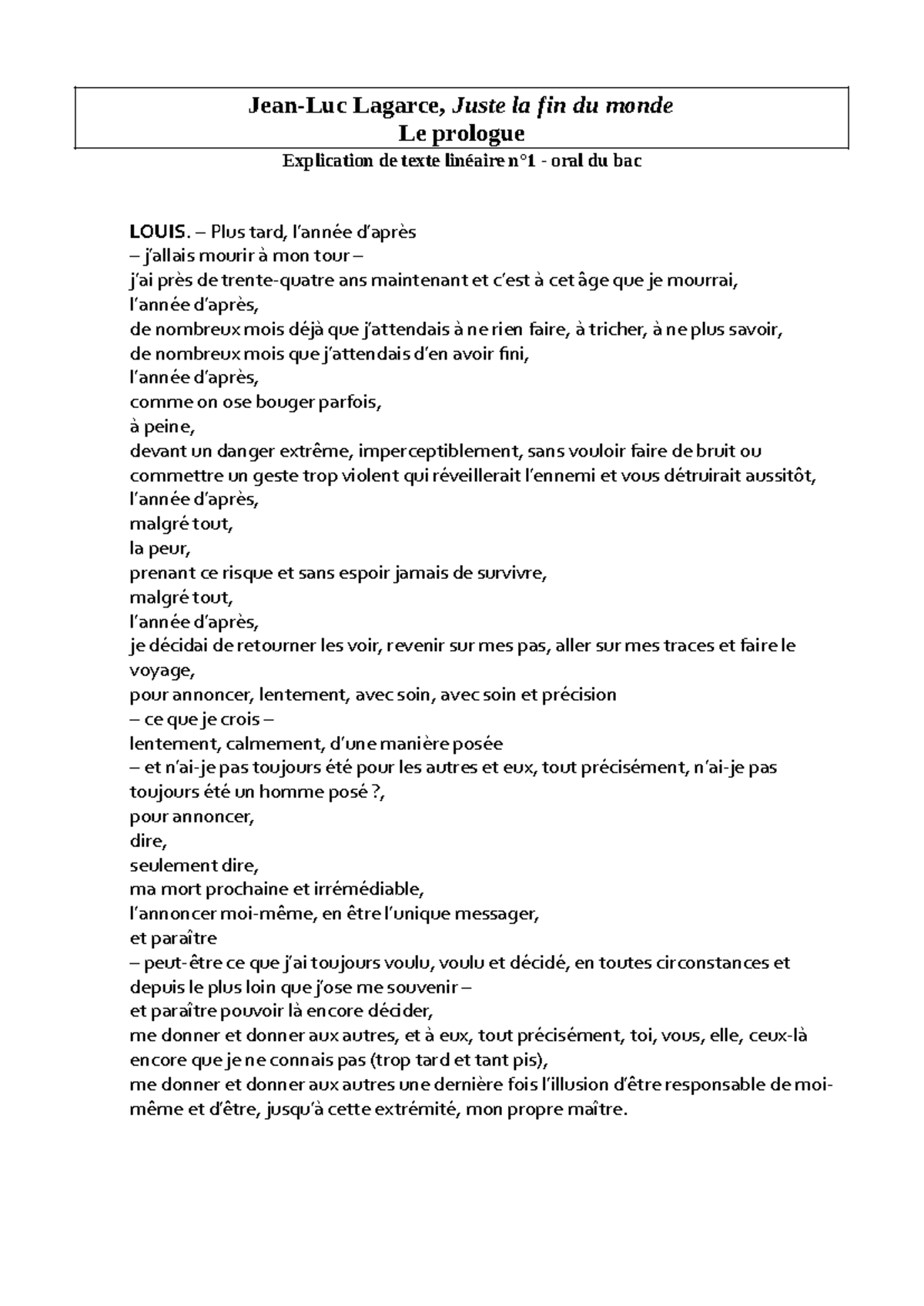 ET n°1 prologue correction - Jean-Luc Lagarce, Juste la fin du monde Le ...