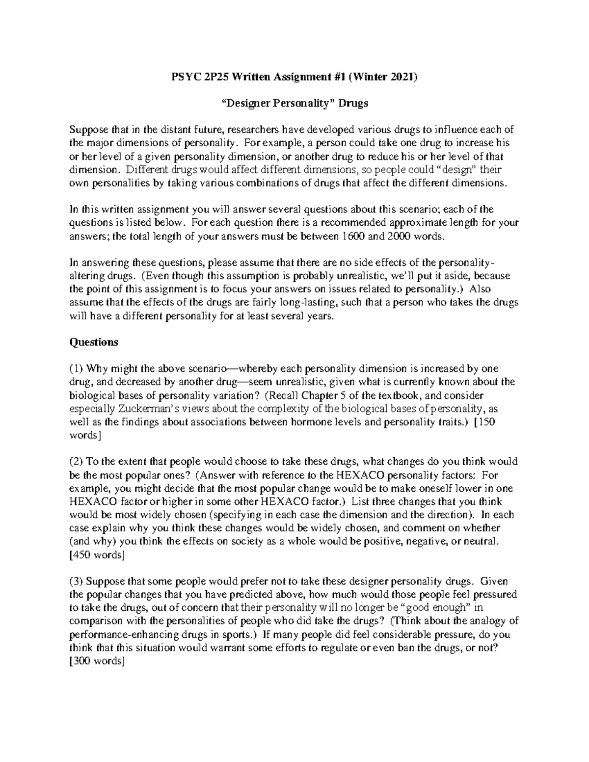Essay assignment designer personality - PSYC 2P25 Written Assignment #1 ...