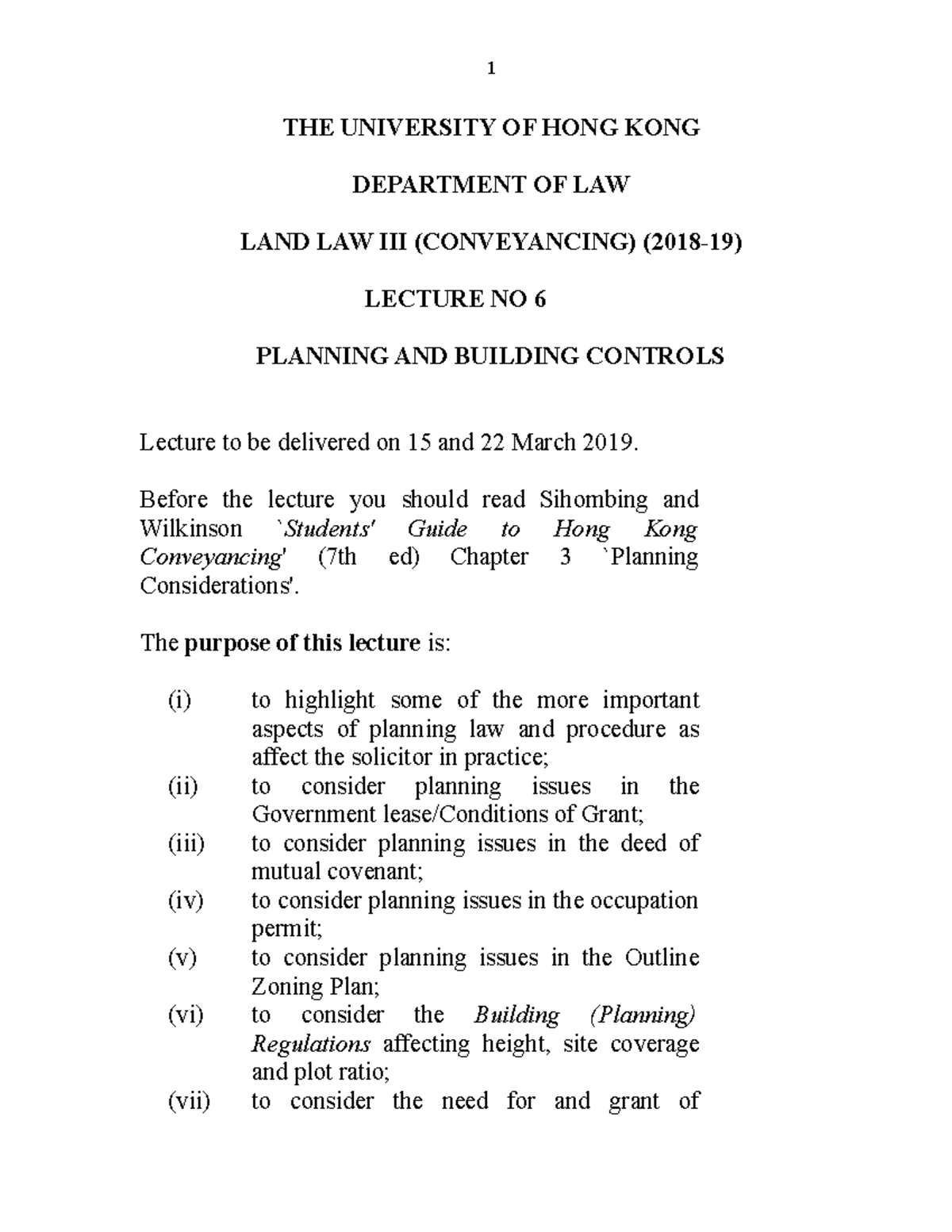 Lecture 6 Building planning - THE UNIVERSITY OF HONG KONG DEPARTMENT OF ...