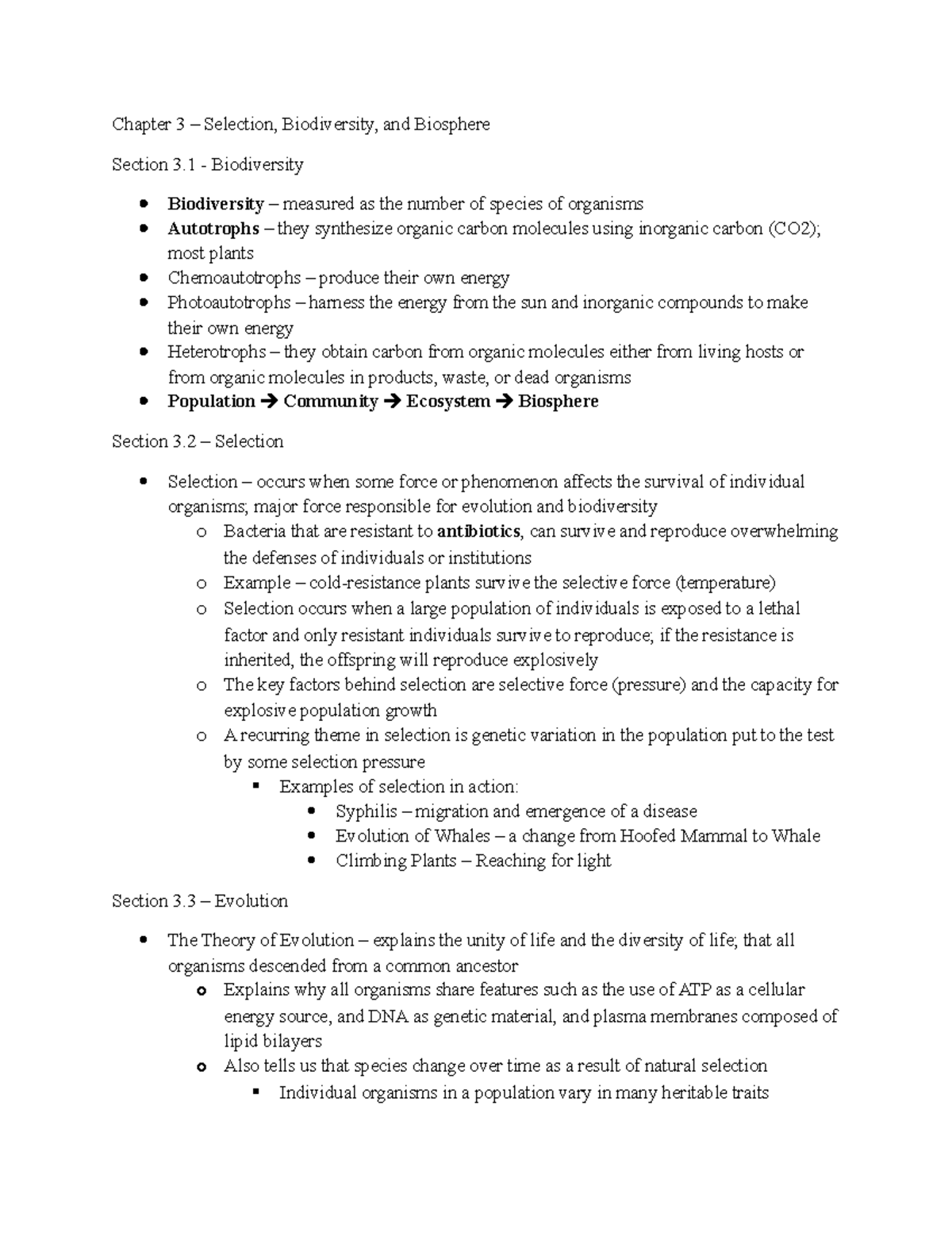 Chapter 3 Notes - Chapter 3 – Selection, Biodiversity, and Biosphere ...