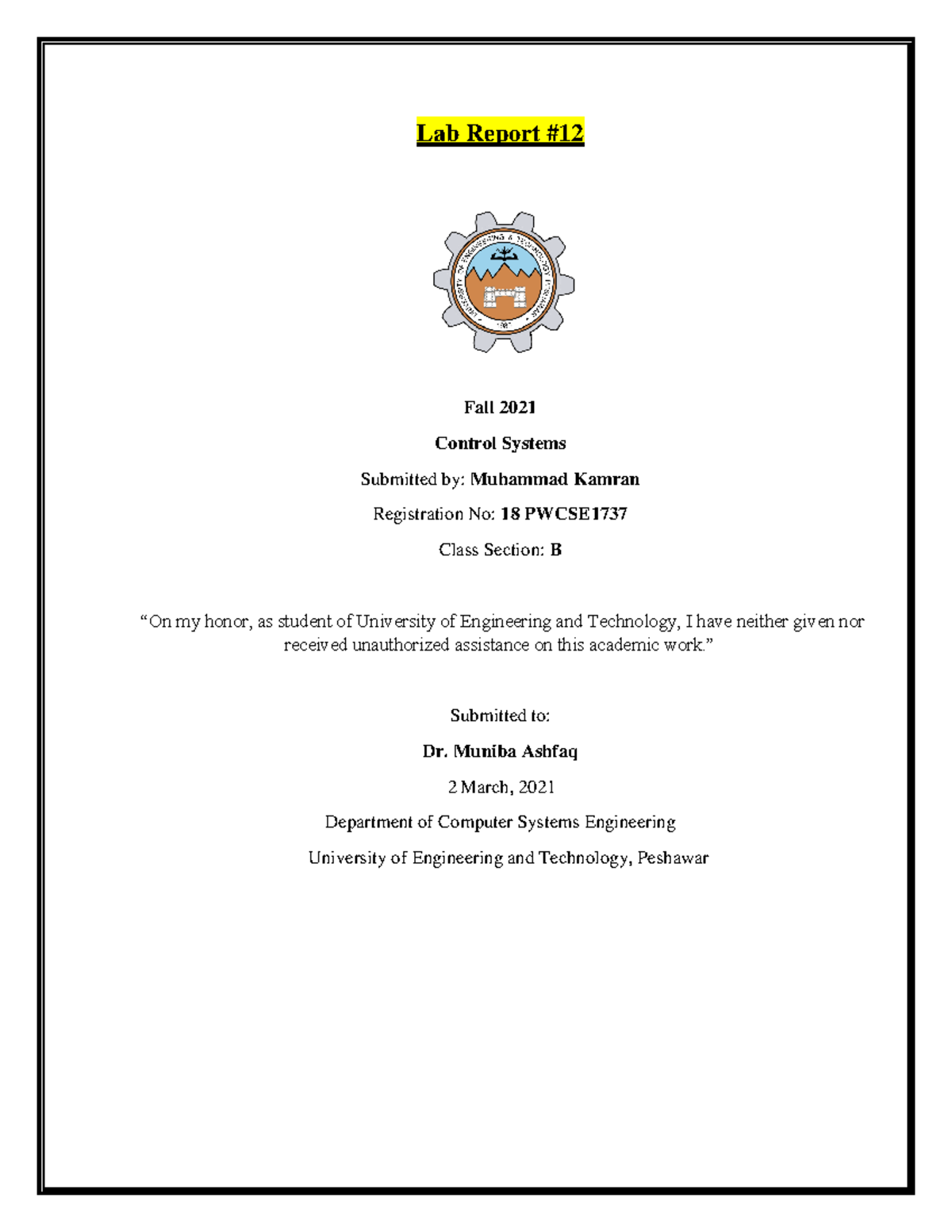 Lab report #12 (1737) - sdf - Lab Report Fall 2021 Control Systems Submitted by: Muhammad Kamran ...