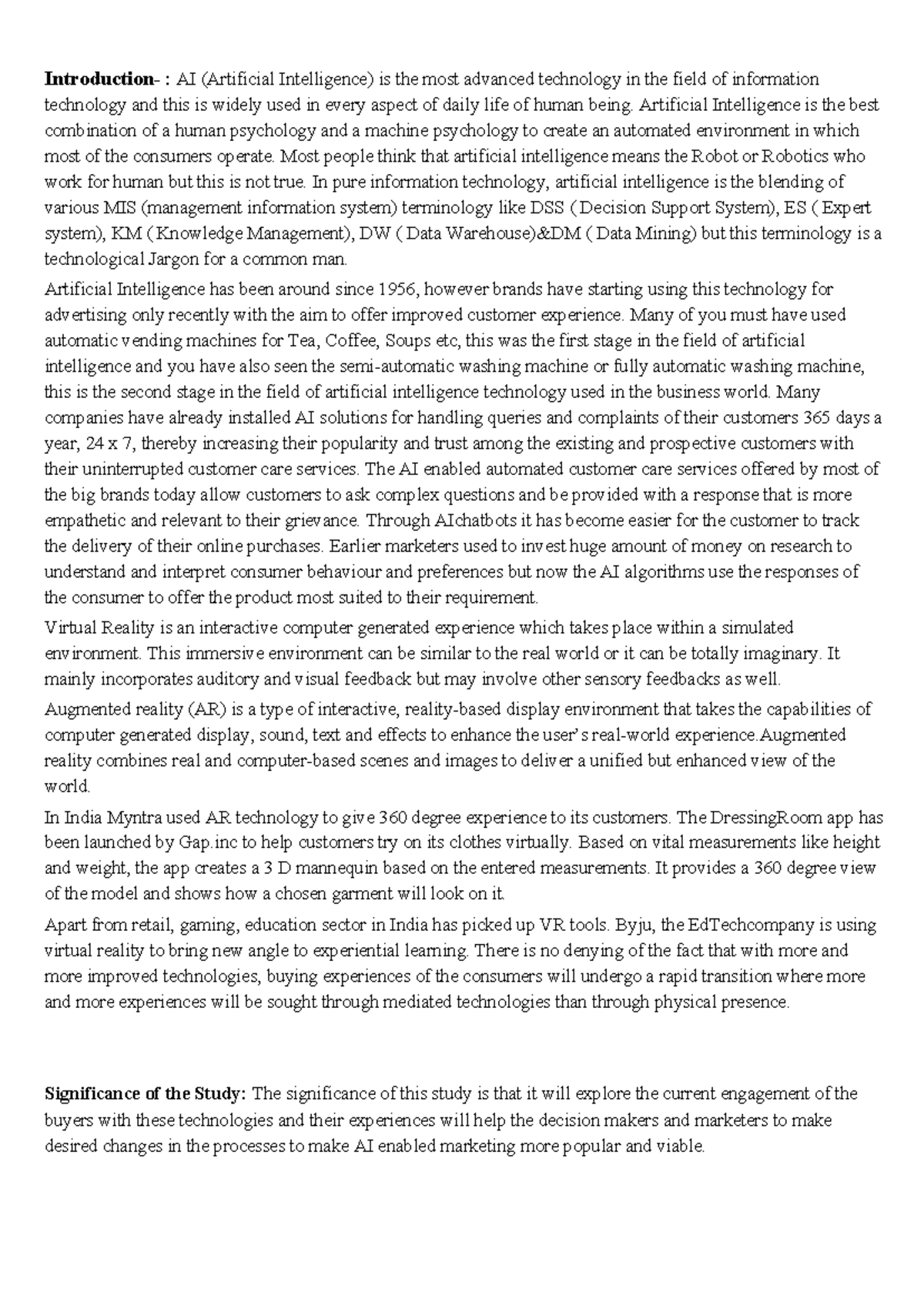 BRM Report Introduction - Introduction- : AI (Artificial Intelligence ...