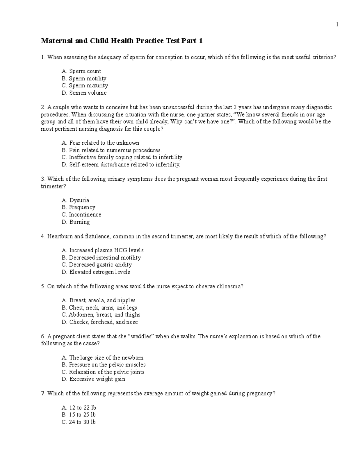 89743605 Maternal and Child Health Practice Test Part 1 - Maternal and ...