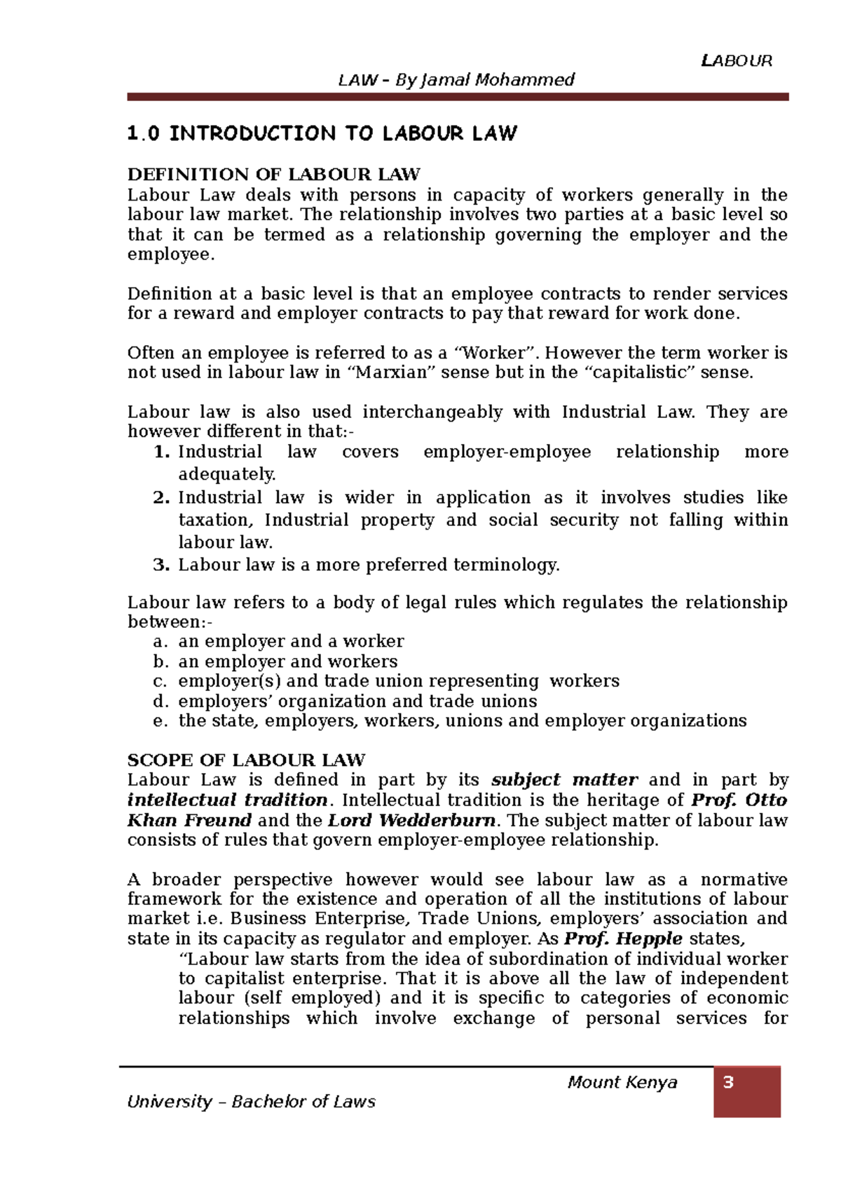 Labor LAW Notes General notes on labor - LAW – By Jamal Mohammed 1 ...