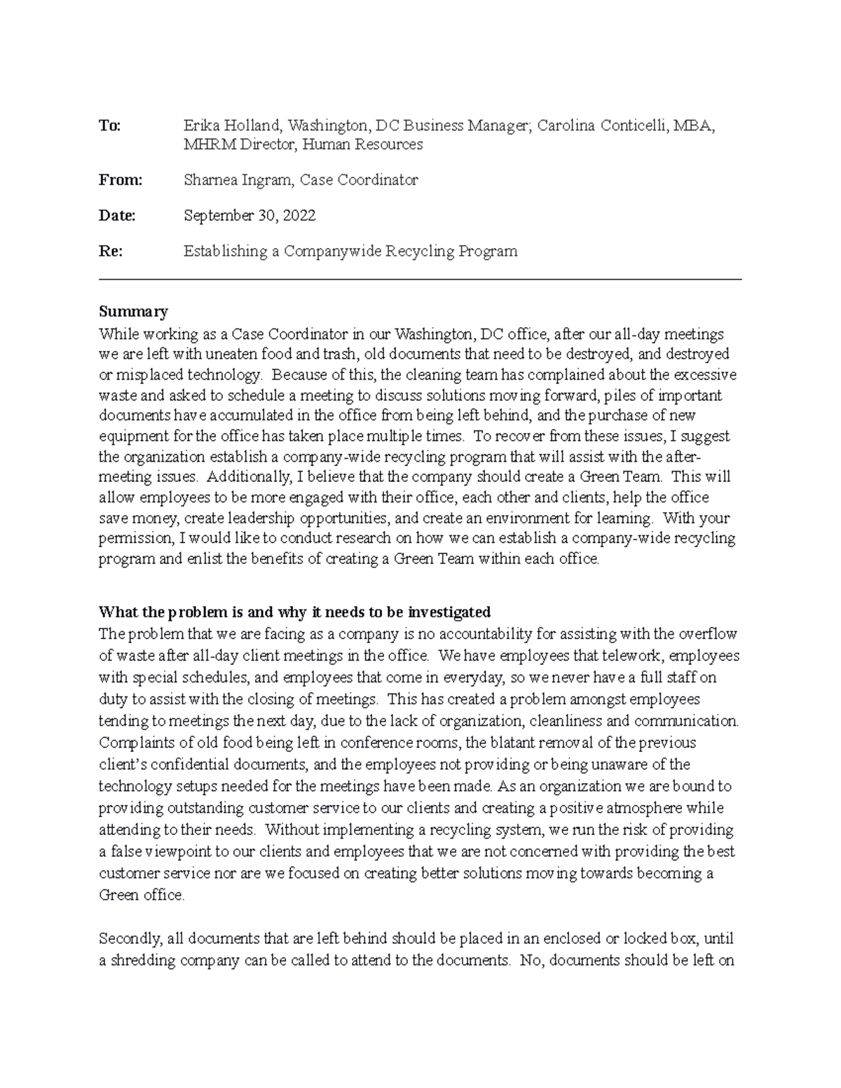 Business Proposal Memo WA#1 - To: Erika Holland, Washington, DC Business Manager; Carolina - Studocu