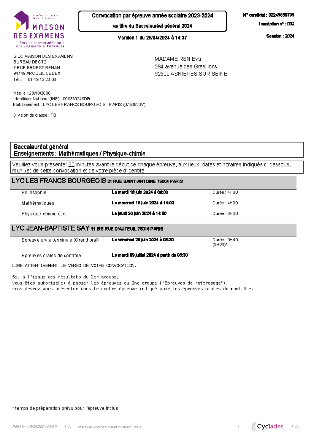 224963979900002 Convocation par epreuve V1 20240425 5 - Edité le : 18/06/2024 03:56 1 /1 ...