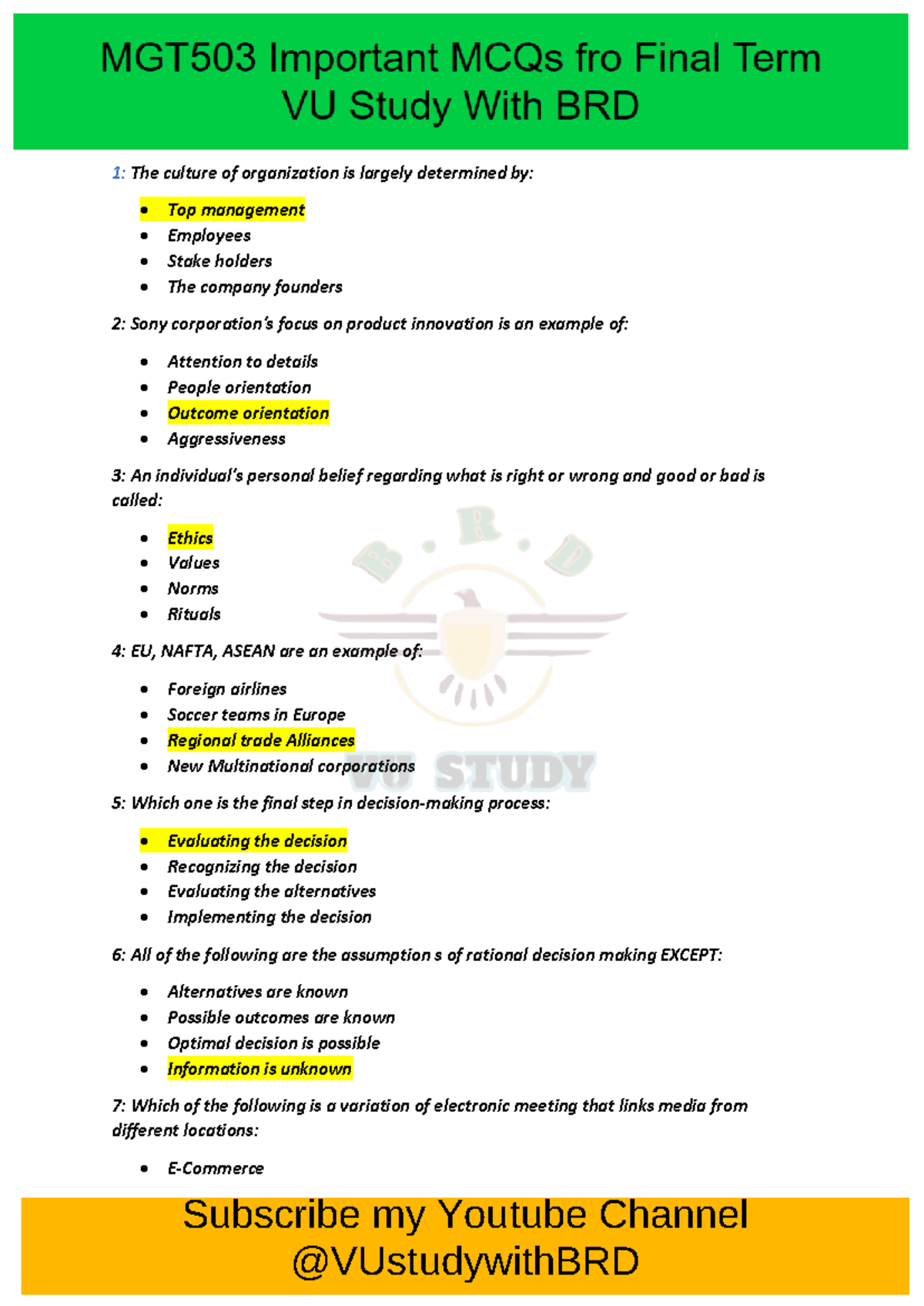 MGT503 Imp MCQs for FInal Term by Study with BRD - MGT 503 Important ...