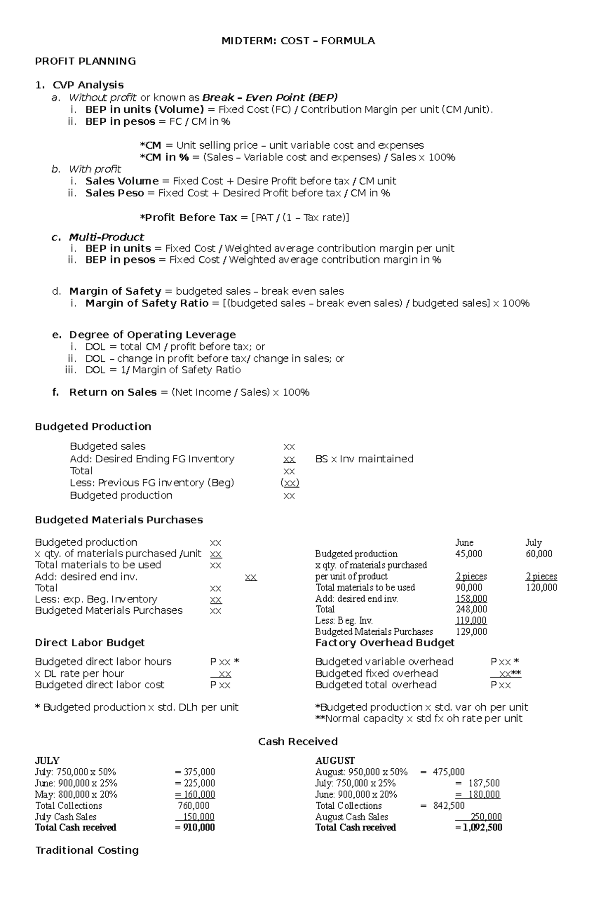 Midterm COST Formula MIDTERM COST FORMULA PROFIT PLANNING CVP