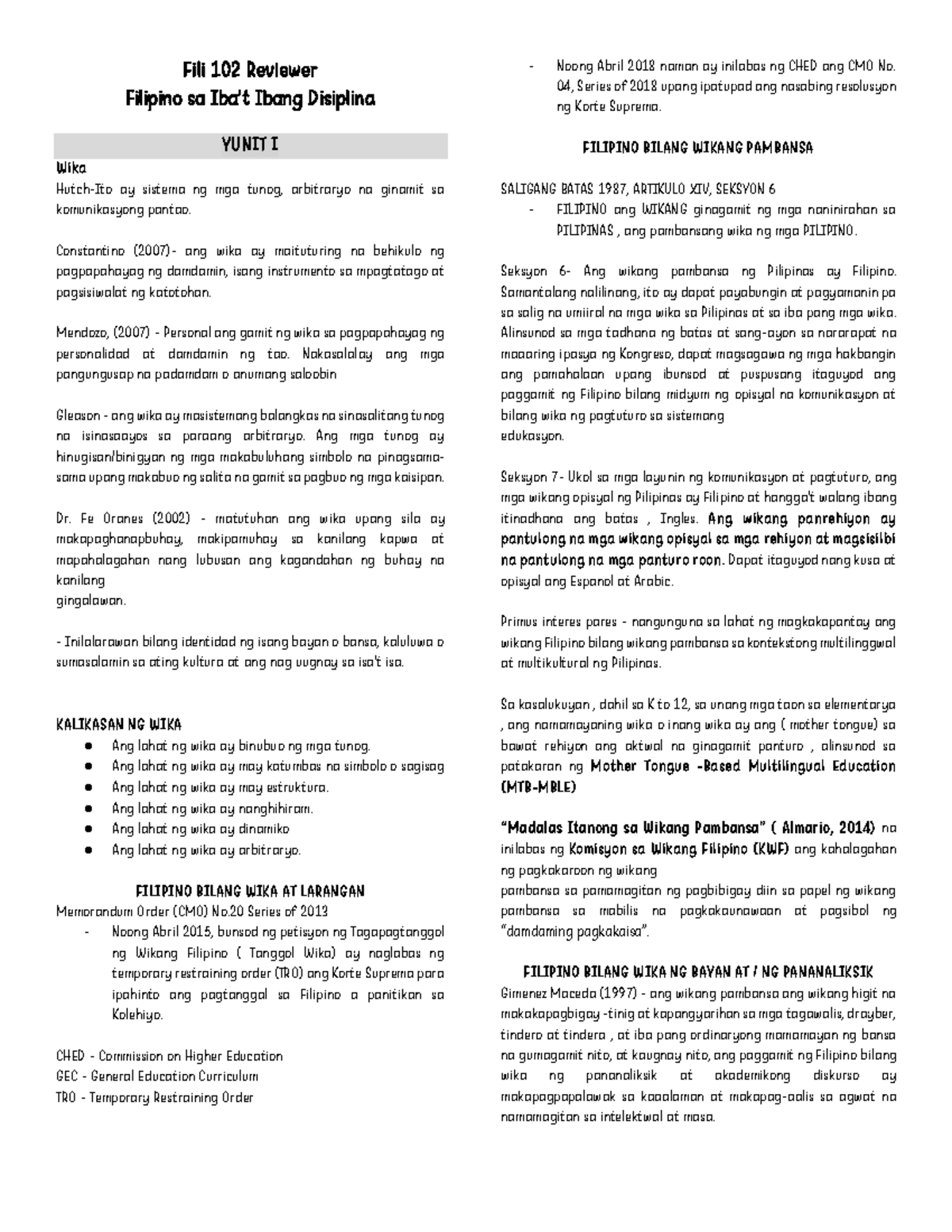 Fili 102 Reviewer - fili 102 - Fili 102 Reviewer Filipino sa Iba’t ...