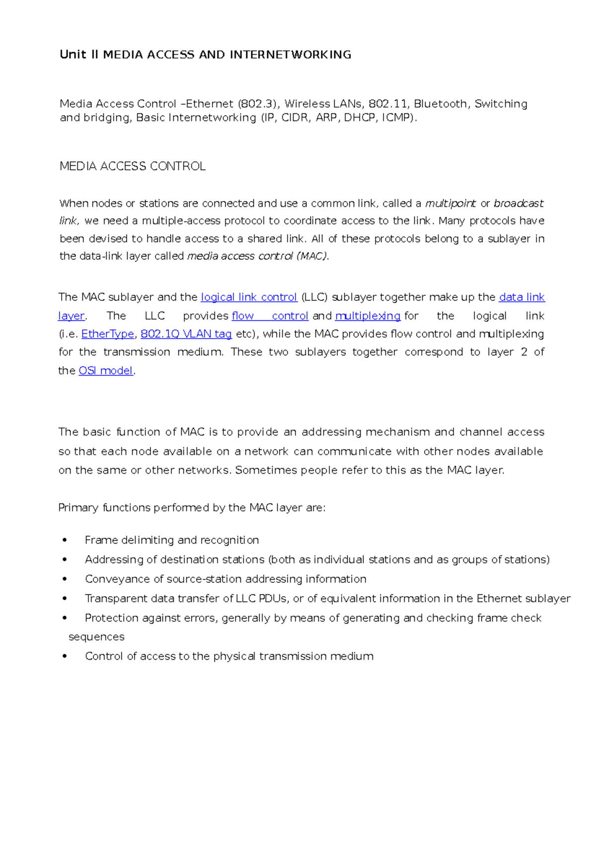 Unit II - Suba - Unit II MEDIA ACCESS AND INTERNETWORKING Media Access ...