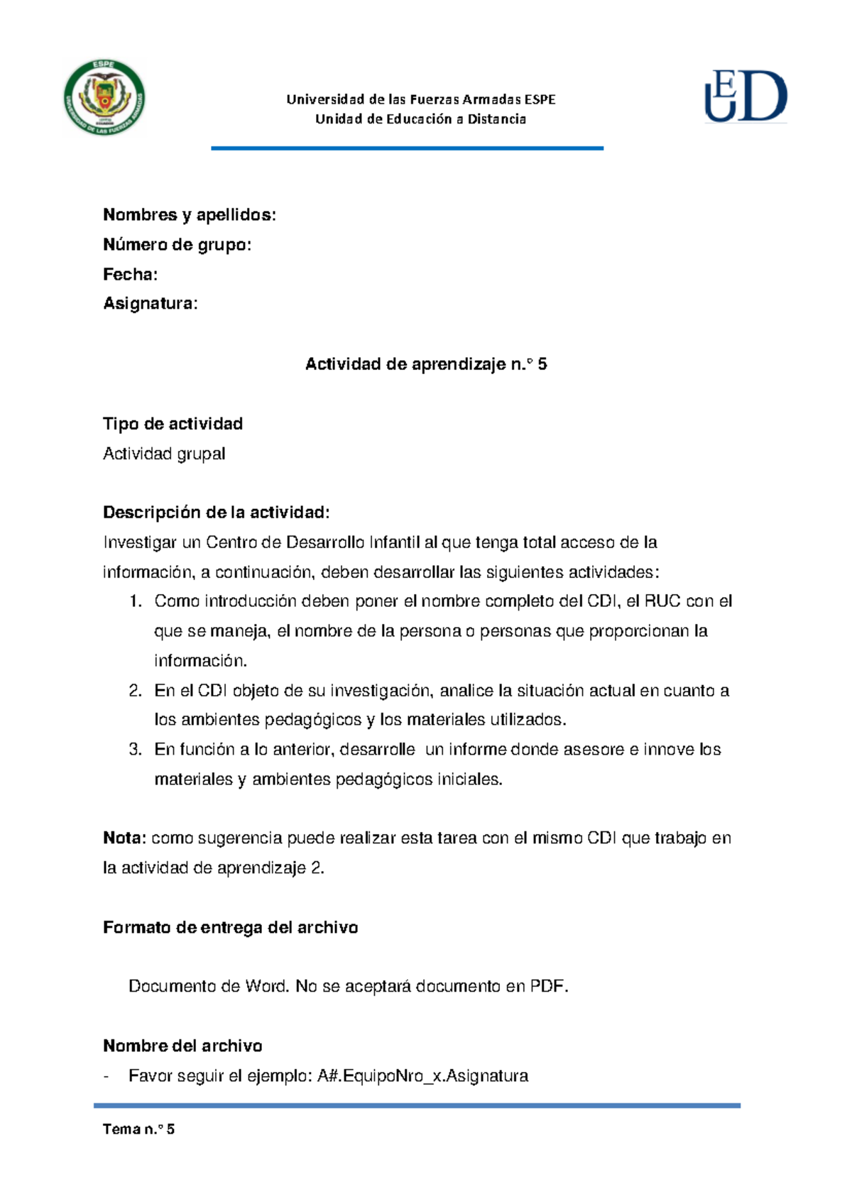 Ges Edu Emp Actividad 5 Final - Universidad de las Fuerzas Armadas ESPE Unidad de Educación a ...