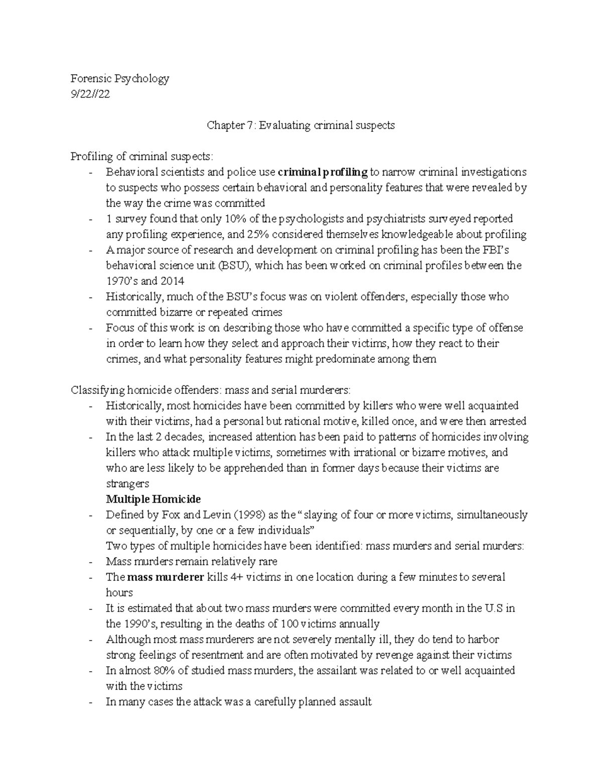 Forensic Psychology notes 9-22 - Forensic Psychology 9/22// Chapter 7 ...