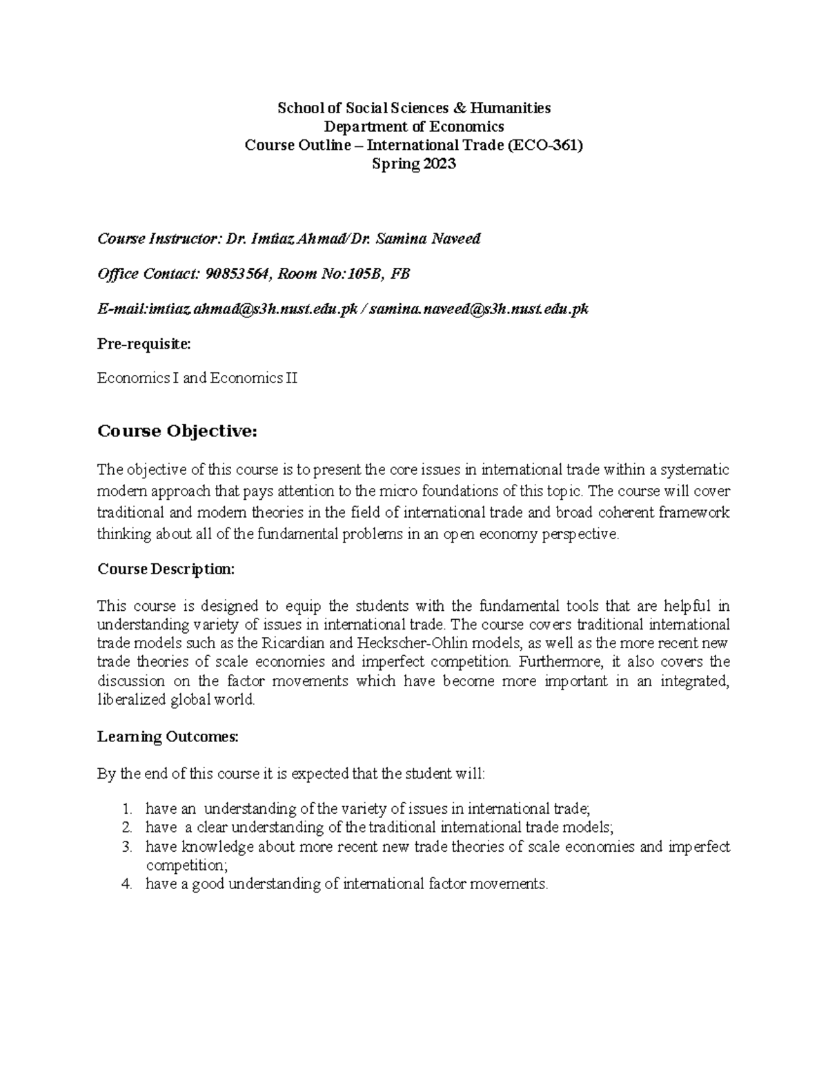 Outline - Imtiaz Ahmad/Dr. Samina Naveed Office Contact: 90853564, Room ...