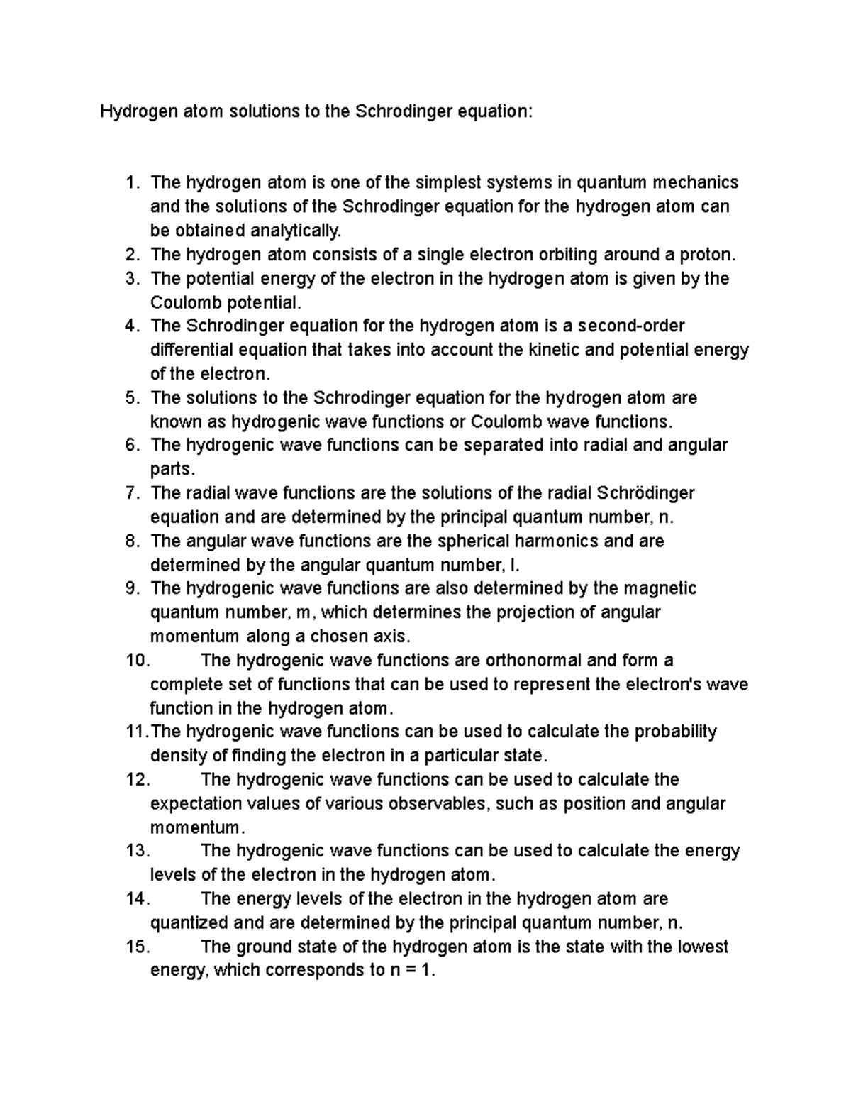 Hydrogen atom solutions to the Schrodinger equation - The hydrogen atom ...