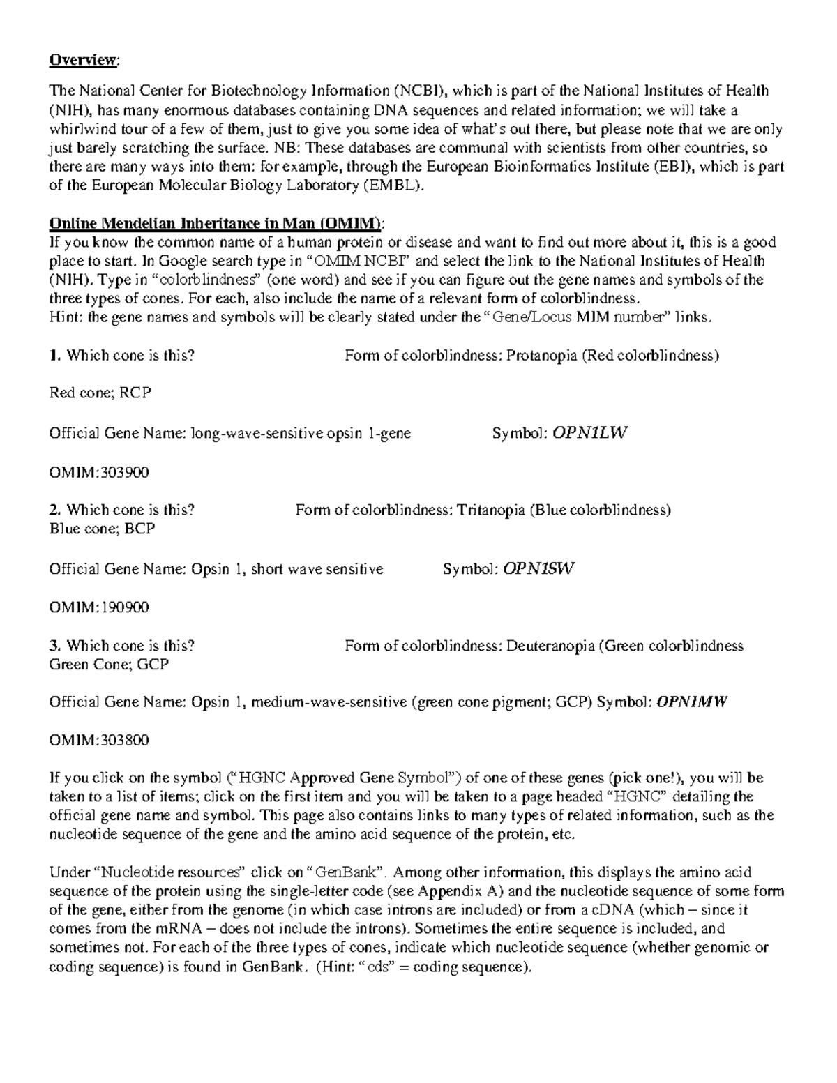 DNA encoding Worksheet - Overview: The National Center for ...