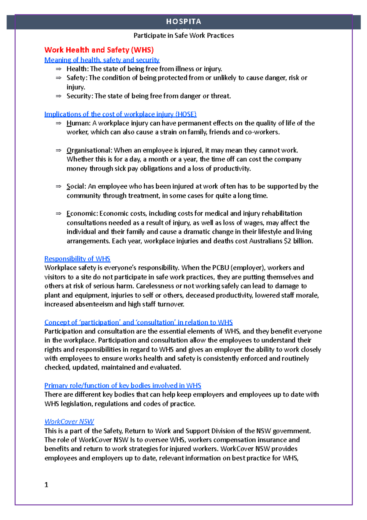 Hospo extensive notes - Participate in Safe Work Practices Work Health ...