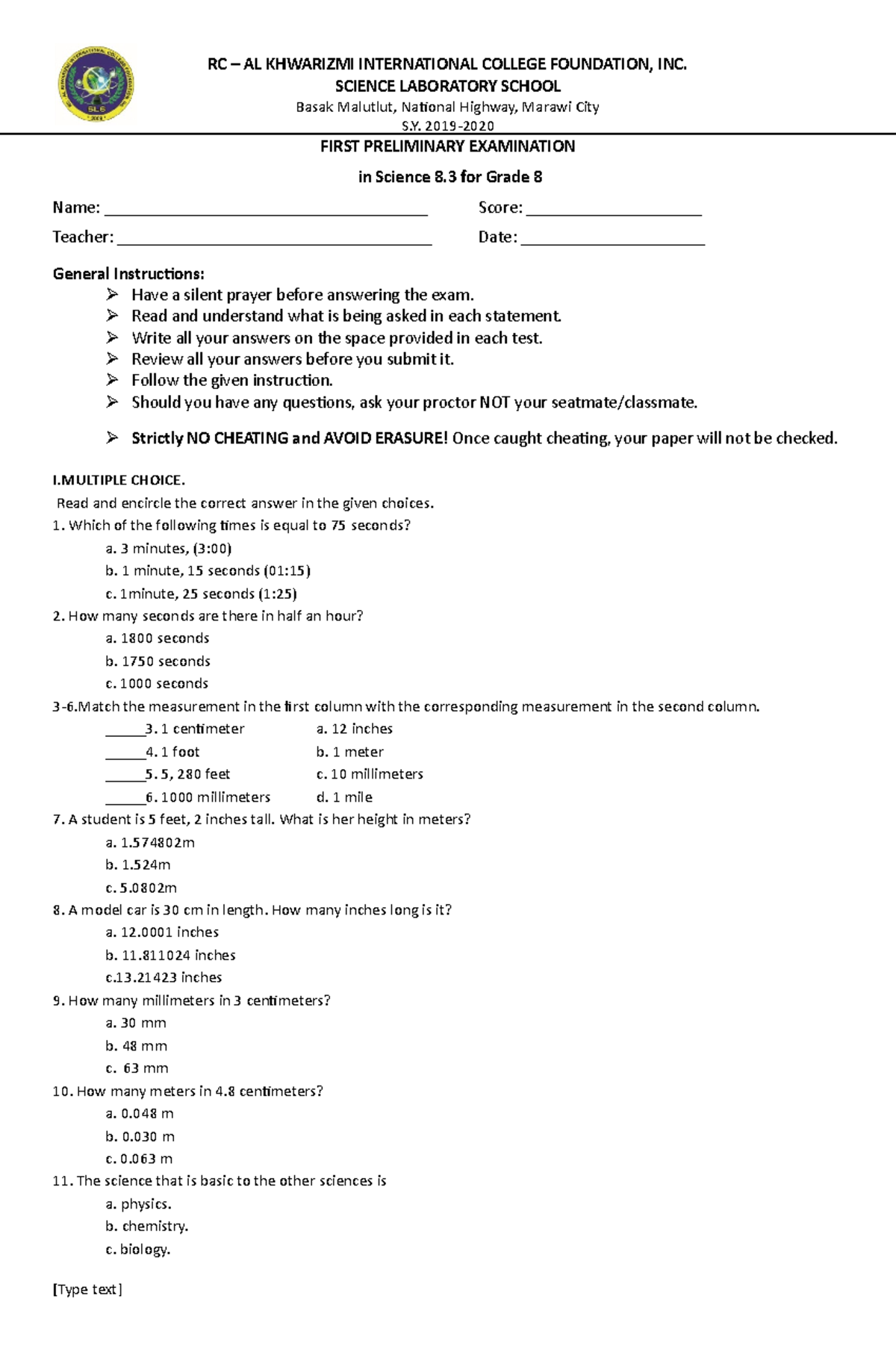 1st preliminary exam - RC – AL KHWARIZMI INTERNATIONAL COLLEGE ...