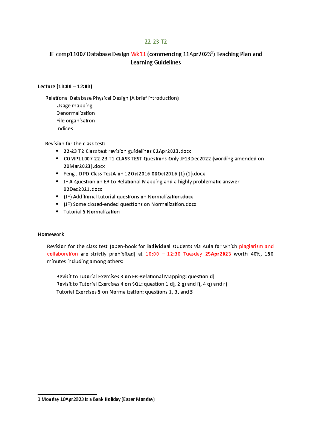 JF 22-23 T2 comp11007 Wk13 (the final teaching session) Teaching Plan 10Apr2023 - 22-23 T JF ...