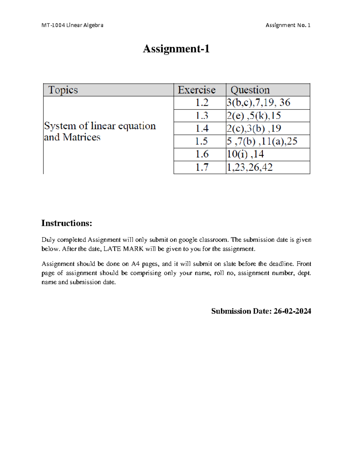 LA Assignment-1 Spring 2024 - MT-1004 Linear Algebra Assignment No. 1 Assignment- 1 Instructions ...