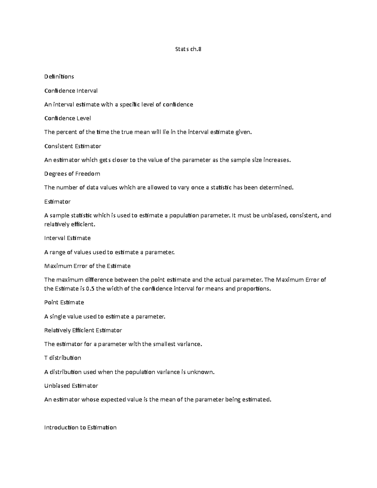 Statistics chapter 8 - Stats ch Definitions Confidence Interval An ...