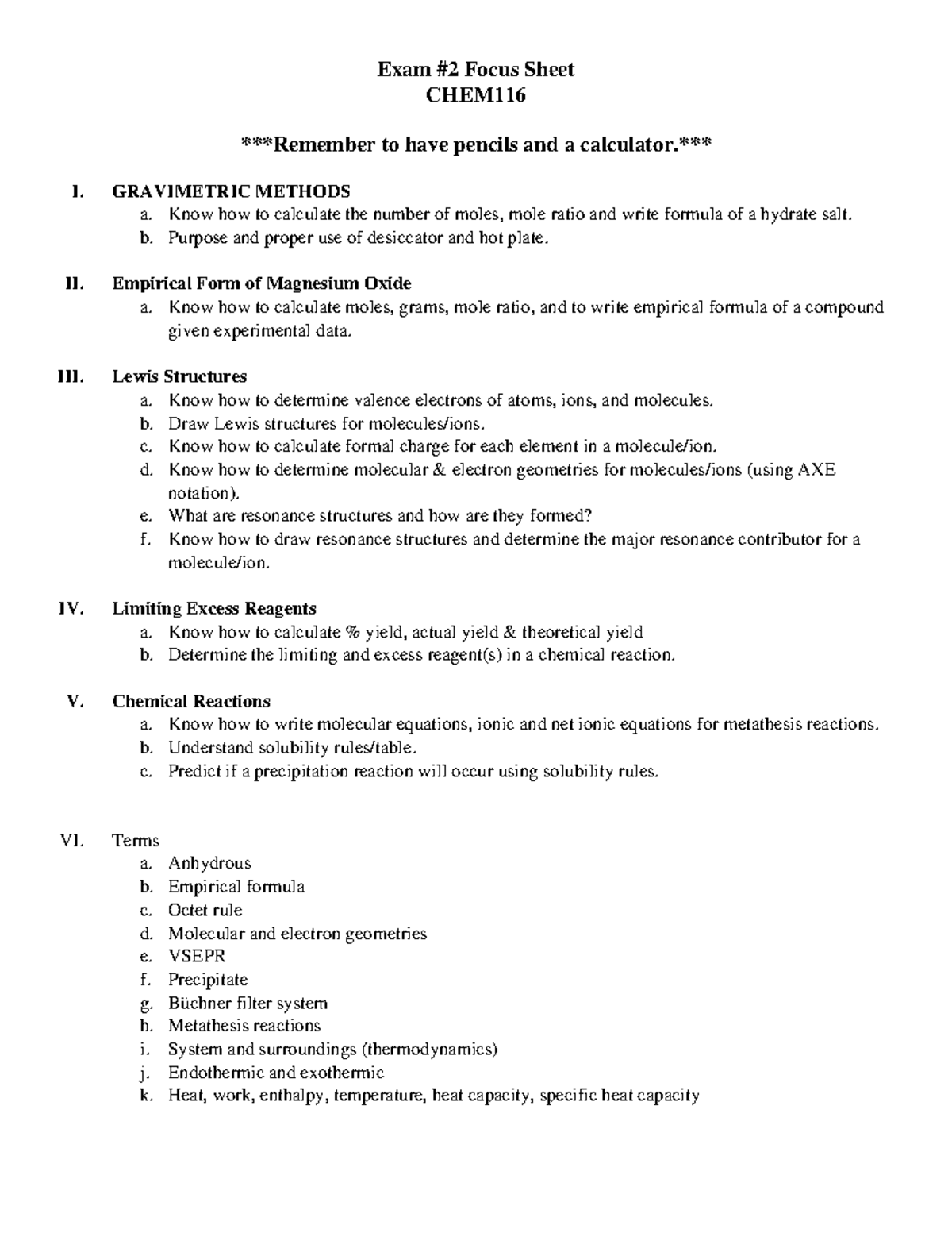 Exam #2 Focus Sheet - Lab for Stoichiometry of Reactions- Gas ...