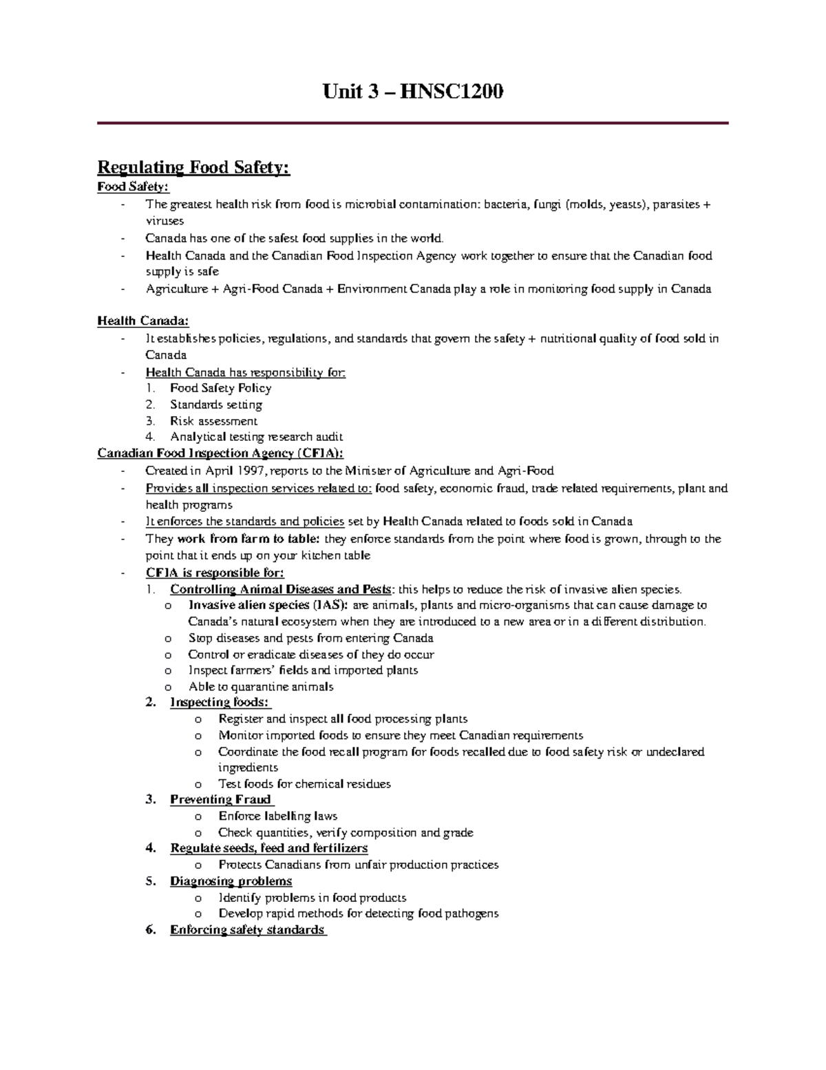 Unit 3 notes - online - Unit 3 – HNSC1200 Regulating Food Safety: Food ...