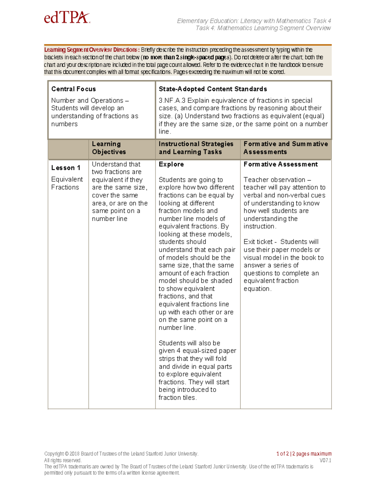 Ed TPA Math Learning Segment Overview - Elementary Education: Literacy with Mathematics Task 4 ...
