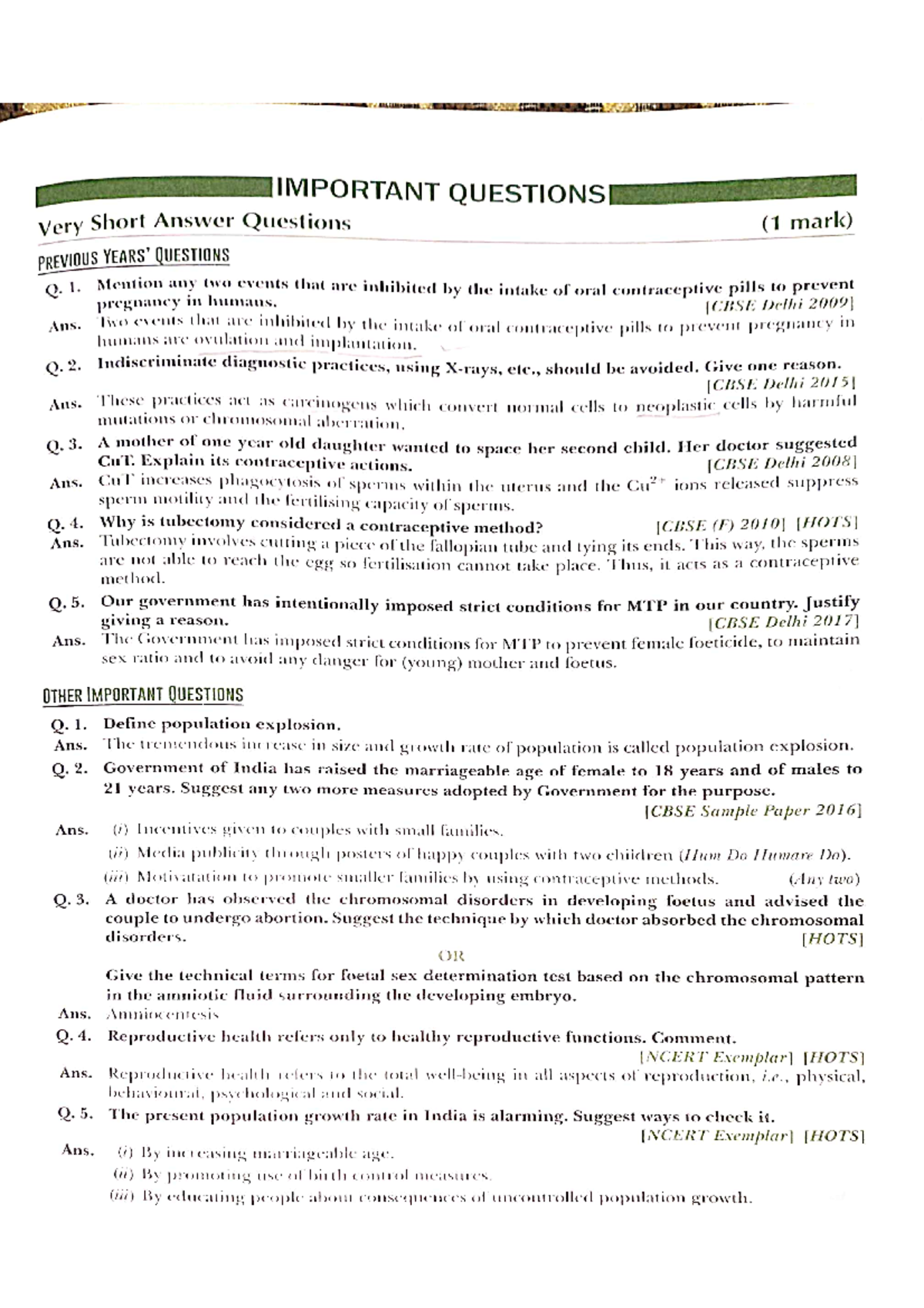 Class 12 CH 3 Reproductive Health - IMPORTANT QUESTIONS Very Short ...