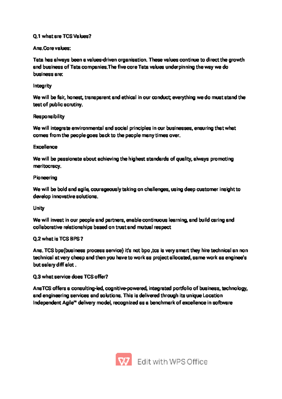 Dimple thakur - C ch nnm - Q what are TCS Values? Ans values: Tata has ...