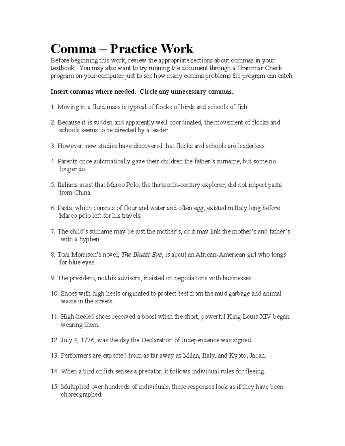 Comma - Practice Work - Comma – Practice Work Before beginning this ...