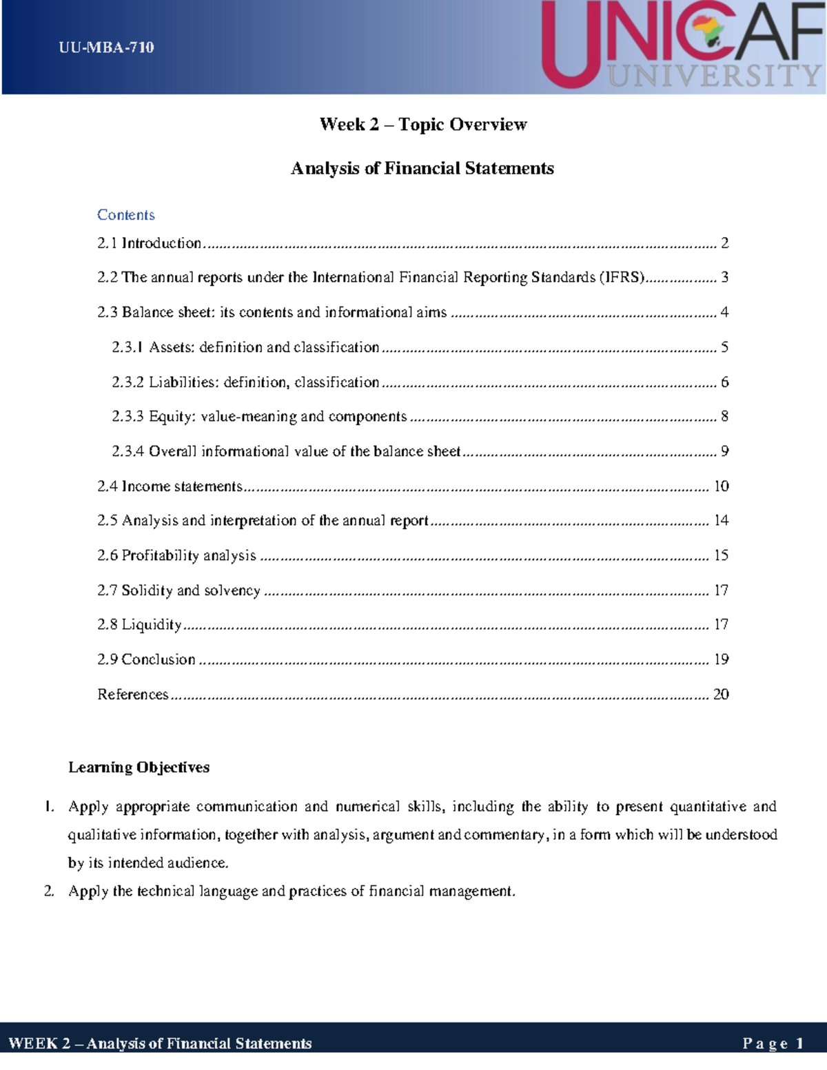 Topic Overview Week 2 - Analysis of financial statements - Week 2 ...