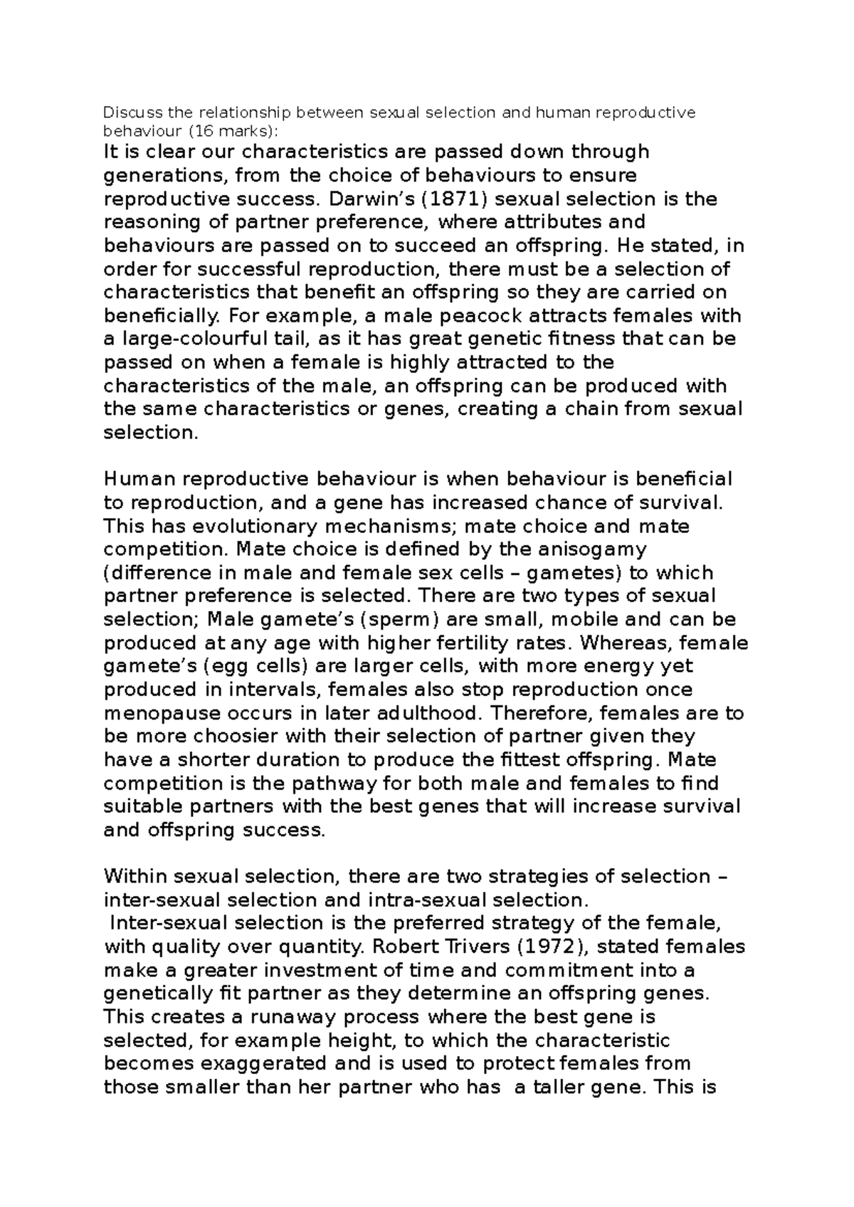 Sexual selection and human reproductive 16 marker - Discuss the ...