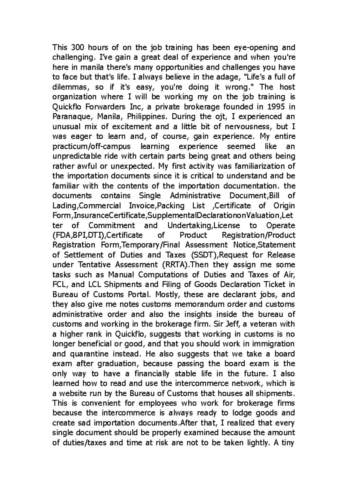 ojt journal for journal purposes - This 300 hours of on the job ...