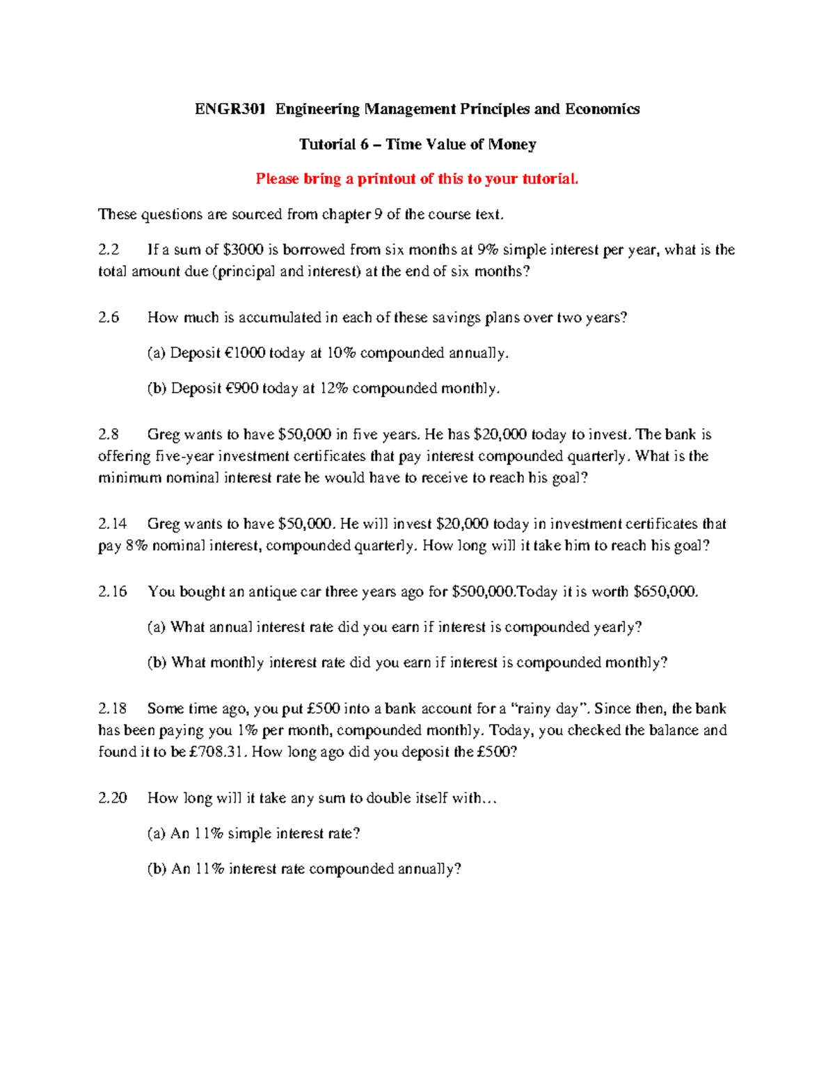 Tut6a - Tutorial 6(VA)to be solved work for ENGR301 - ENGR301 Engineering Management Principles ...