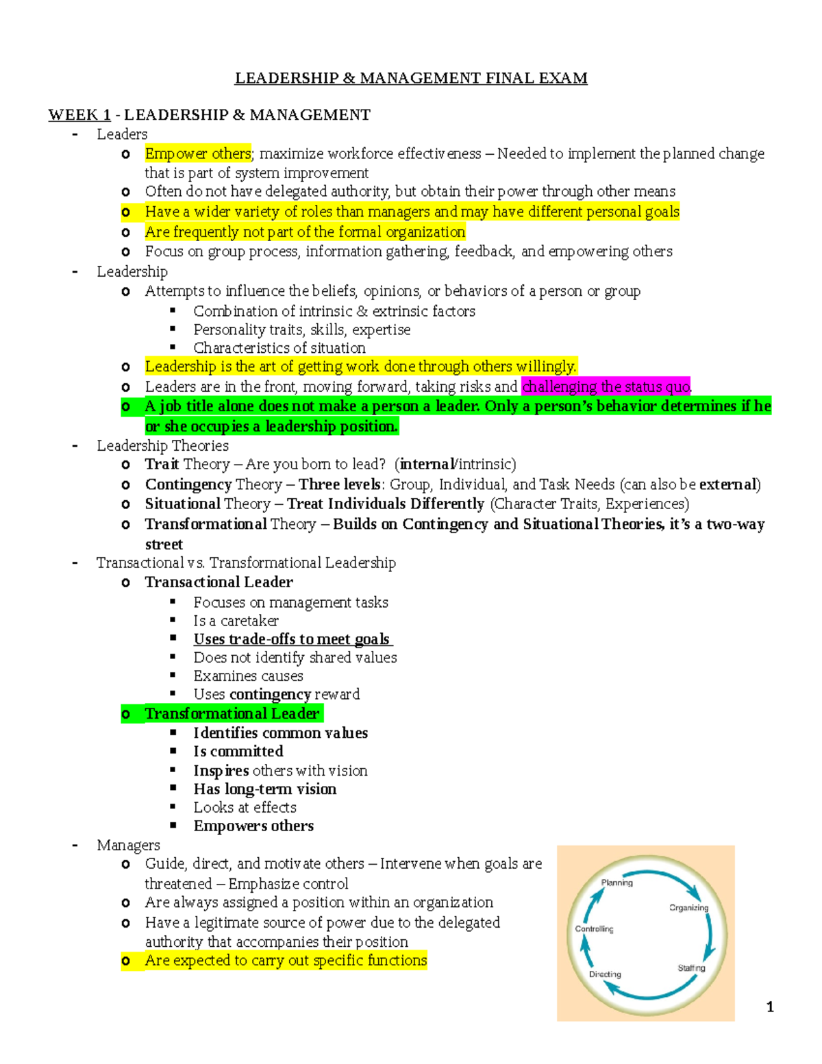 Final Study Guide Leadership Lena - LEADERSHIP & MANAGEMENT FINAL EXAM ...