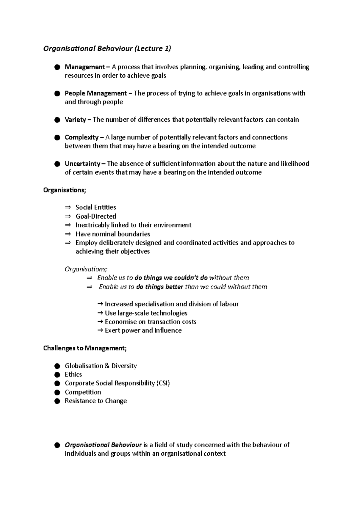 Organisational Behaviour (Lecture 1 Notes) - Organisational Behaviour ...