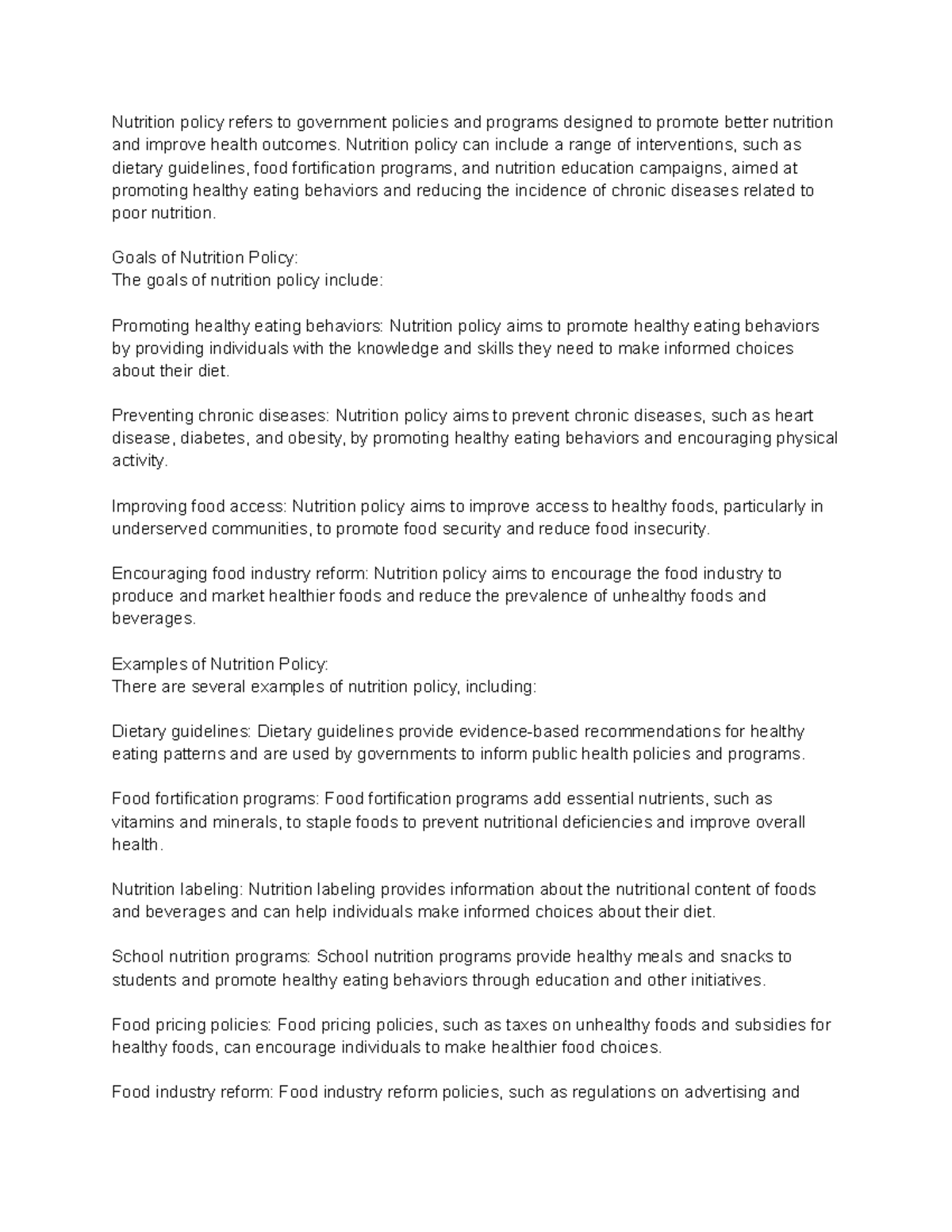 Nutrition Policy - Nutrition policy can include a range of ...