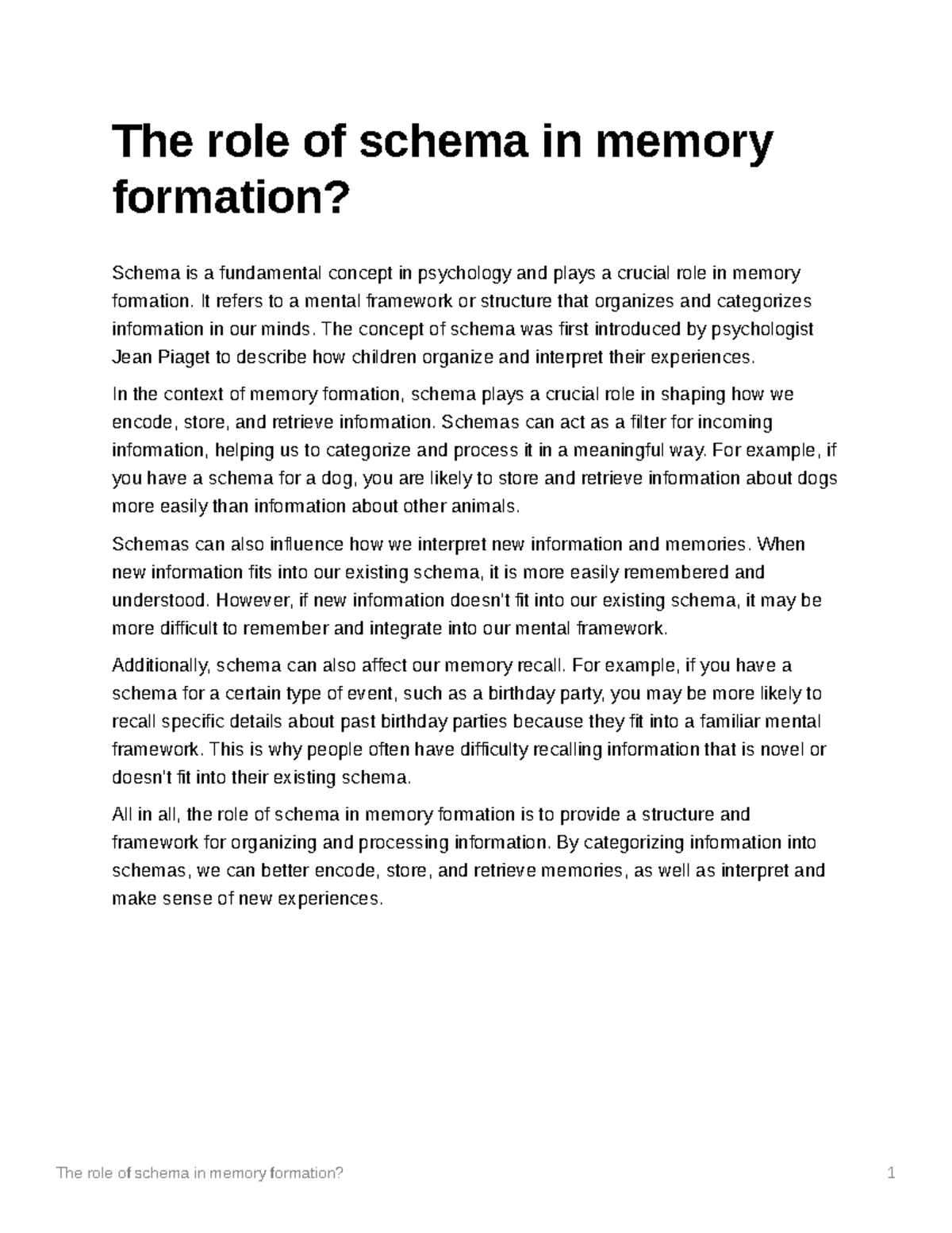 The role of schema in memory formation - It refers to a mental ...
